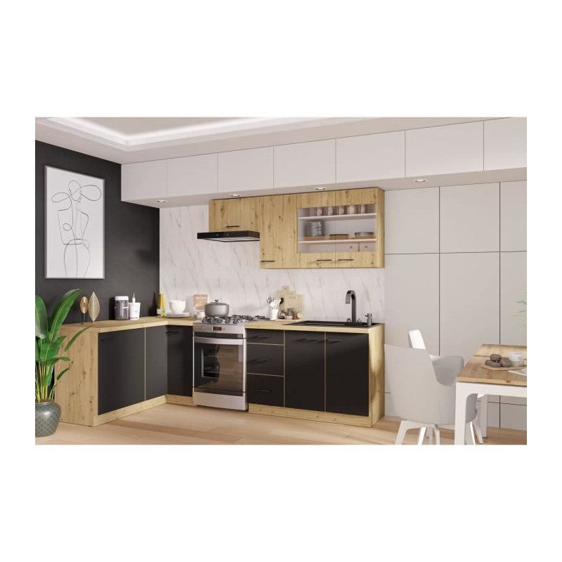 Cuisine complete - MODENA - 270 x 150 cm - Chene artisan et noir mat ...