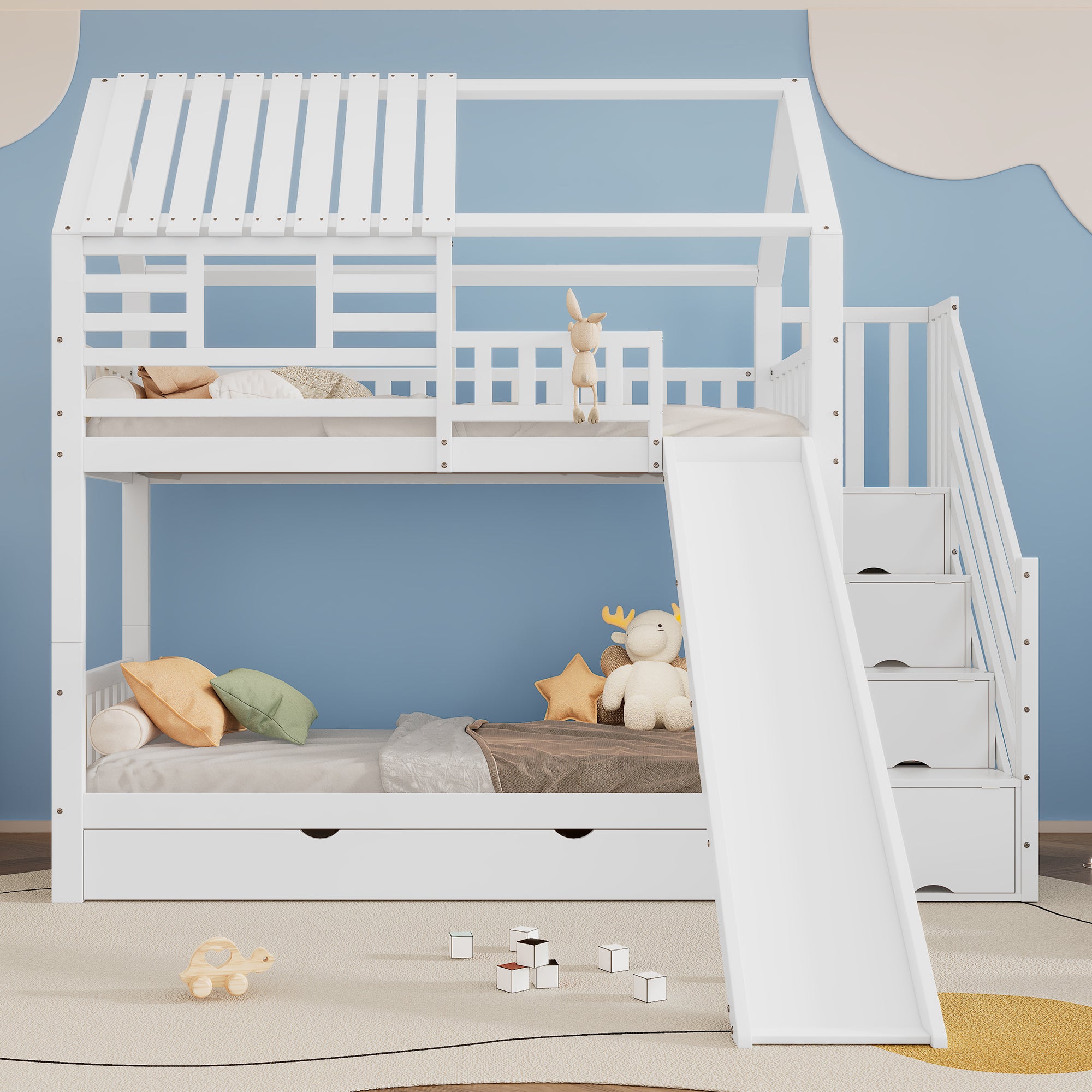 Lit superposé 90x200cm en bois et MDF - avec toboggan et escalier de ...