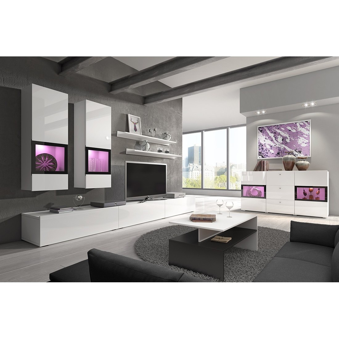 Ensemble de 7 meubles de salon collection RAMOS. Couleur blanc brillant ...