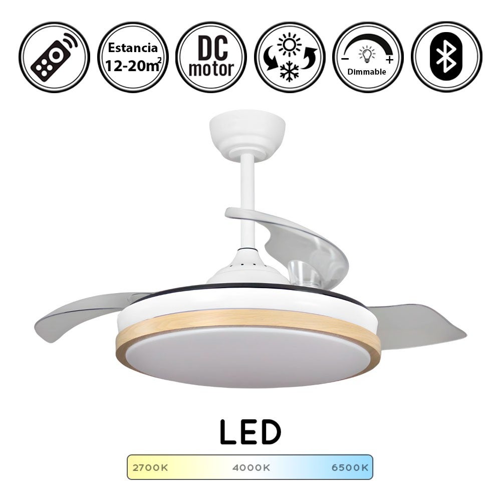 Ventilador de techo blanco y madera aspas retractiles | Lampara ...