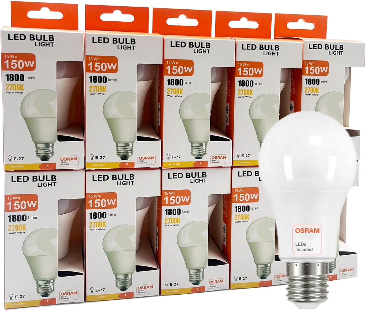 Lot 10 Ampoules Led E27 15W 1800Lm Osram Chip, A60, 220V, angle 180º, Lumière chaude 2700K ...
