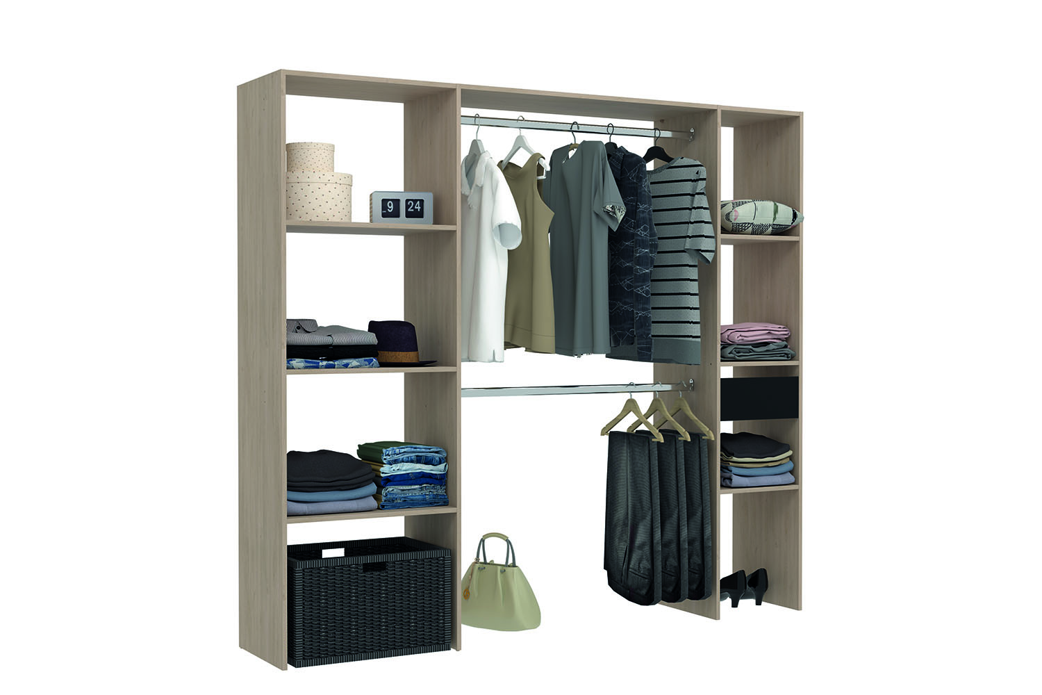 Dressing bois avec 6 étagères, 1 tiroir et 2 penderies : 198 x 40 x 180 ...