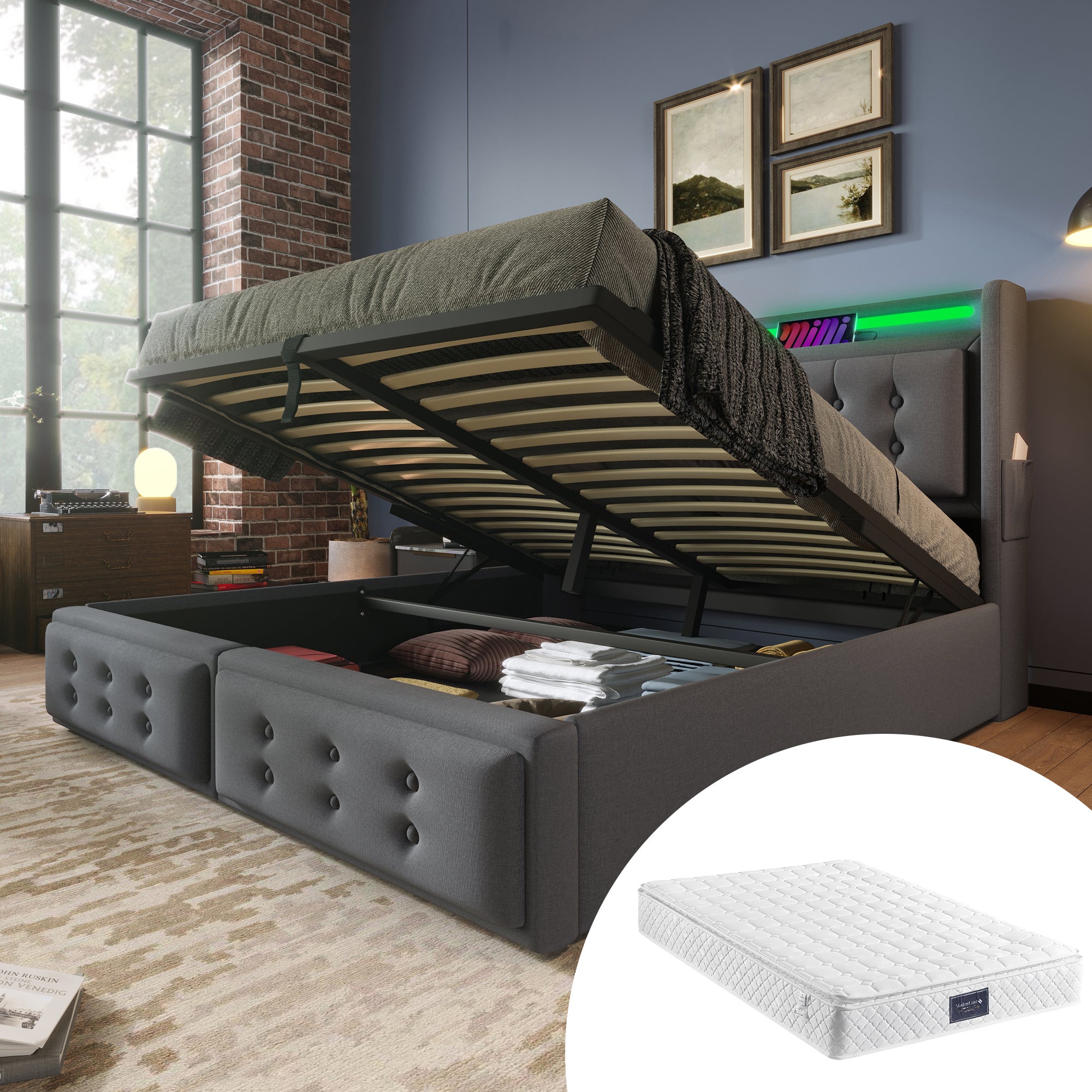 Lit rembourré 160x200 - Tête de lit LED & port USB C - Lit avec cadre ...