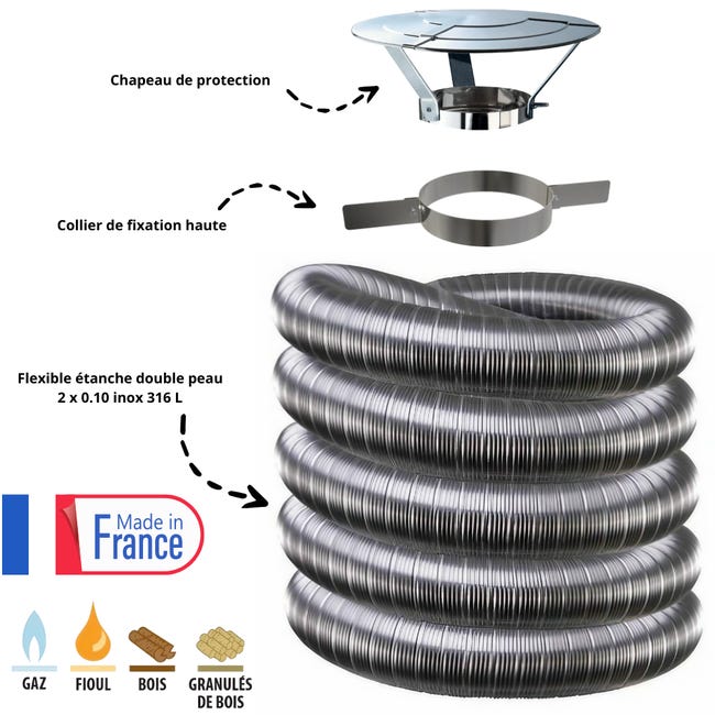Kit Tubage Flexible Double Peau Inox Diamètre 130 Collier Chapeau