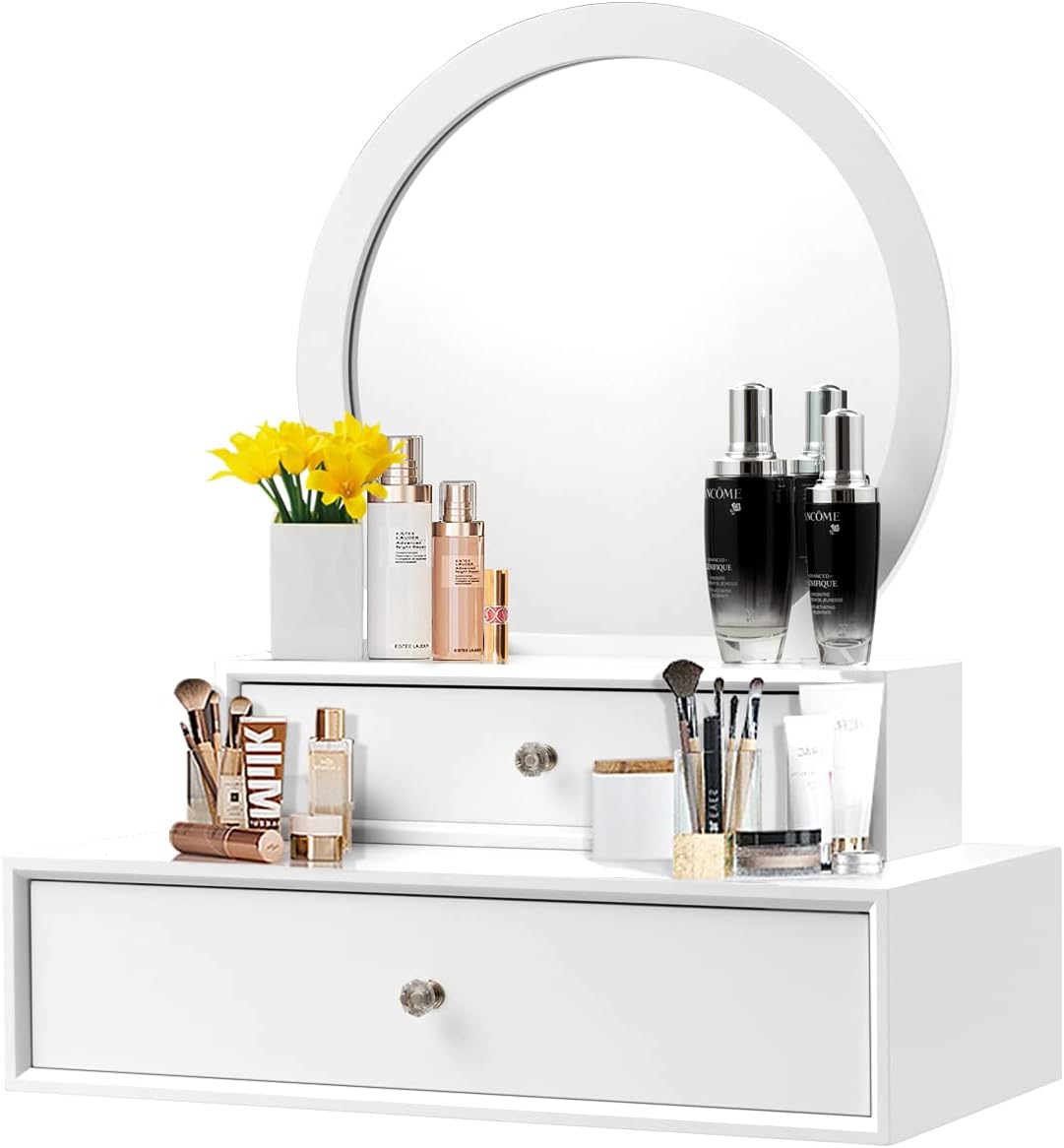 Coiffeuse avec Miroir Rond, 2 Tiroirs Amovibles en Bois avec Poignee d ...