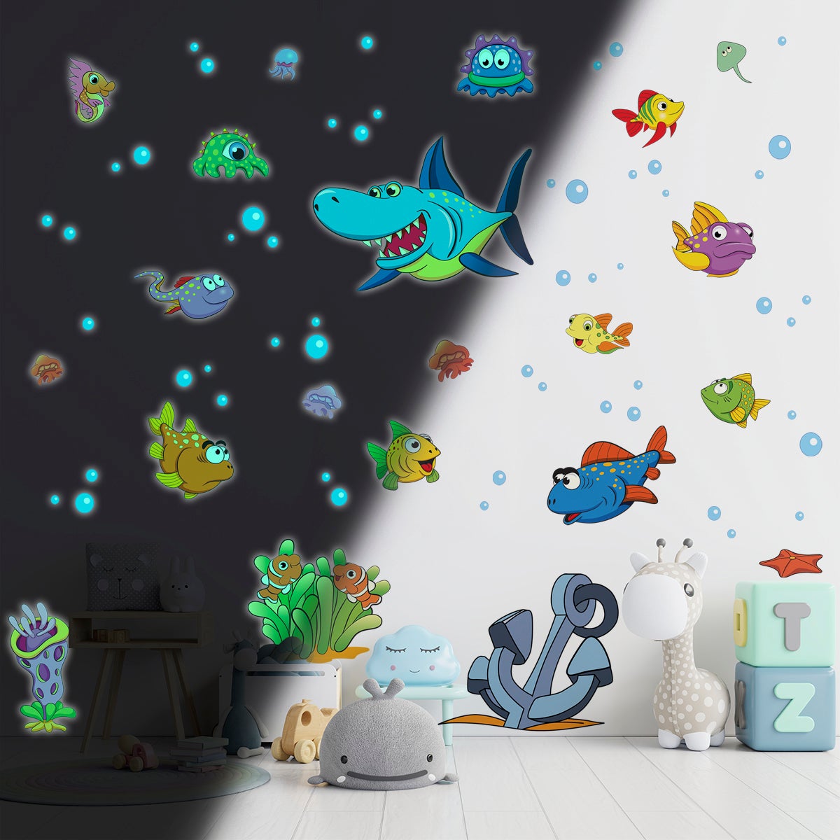 Sticker phosphorescent lumineux - POISSONS MARINS ET REQUIN ...