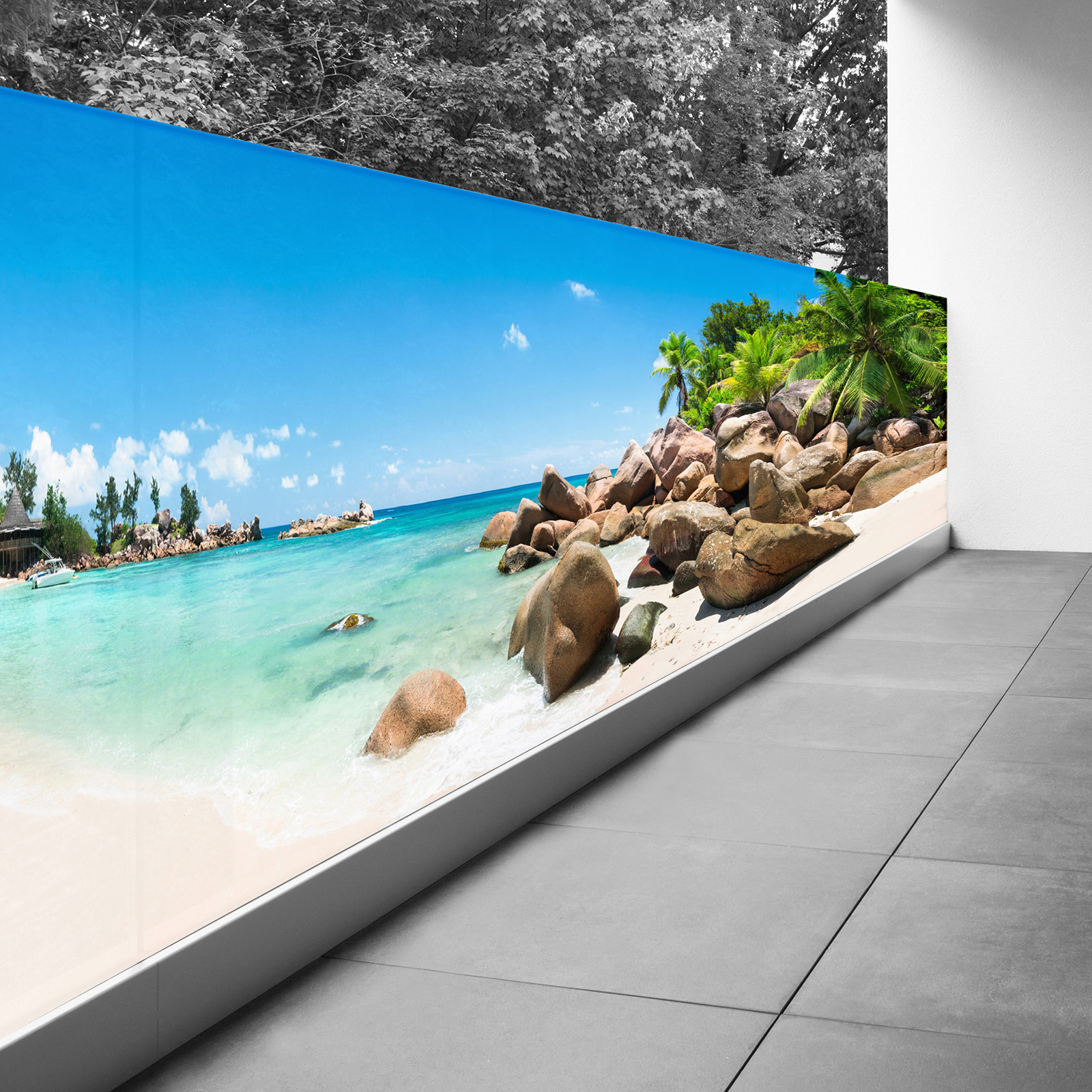 Brise vue Trompe l'oeil - 80x320 cm - Vue plage mer palmiers | Leroy Merlin