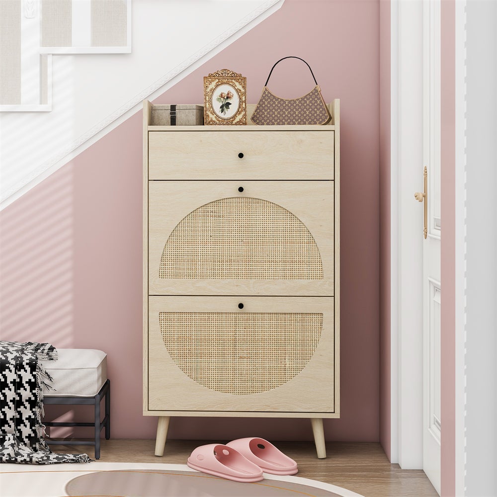 Meuble à chaussures 60 cm avec portes en rattan, tiroir et étagères ...