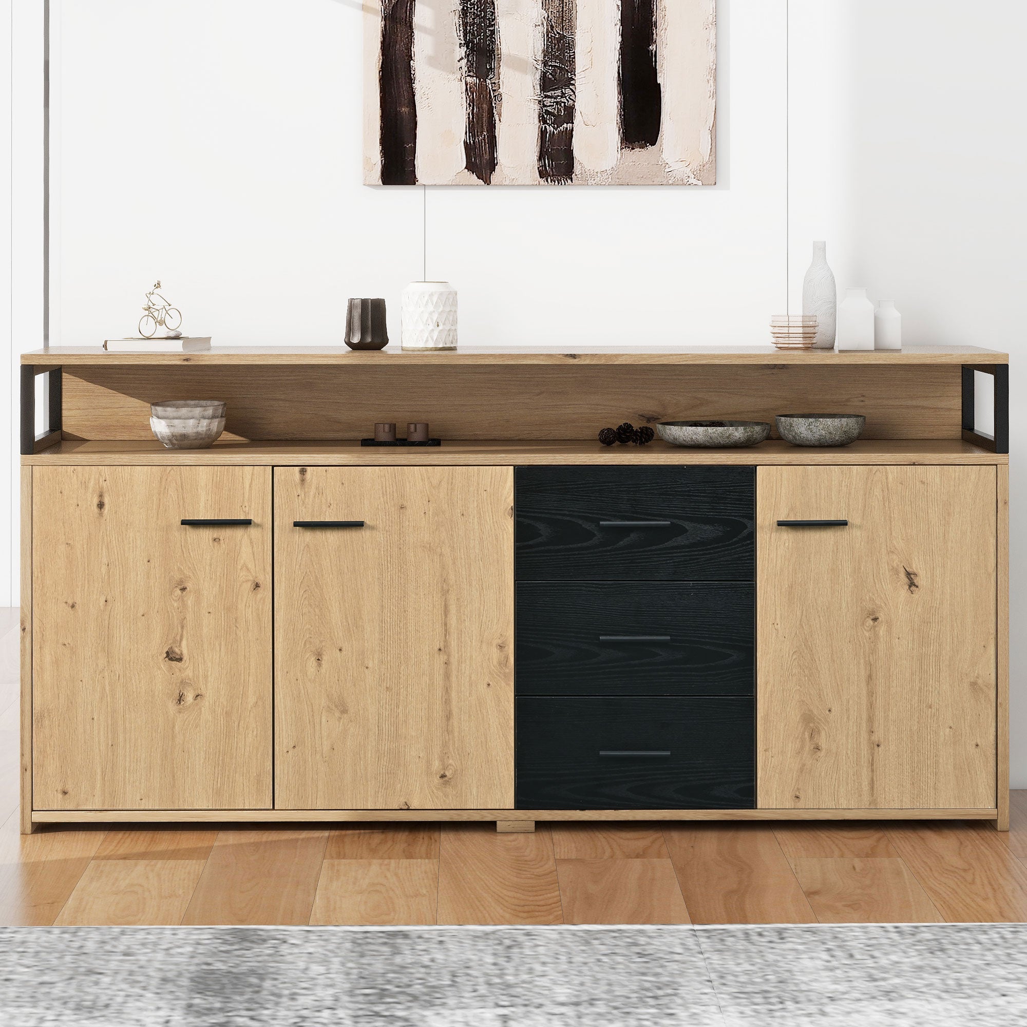 Buffet bas - 3 portes et 3 tiroirs - style industriel - Naturel & Noir ...