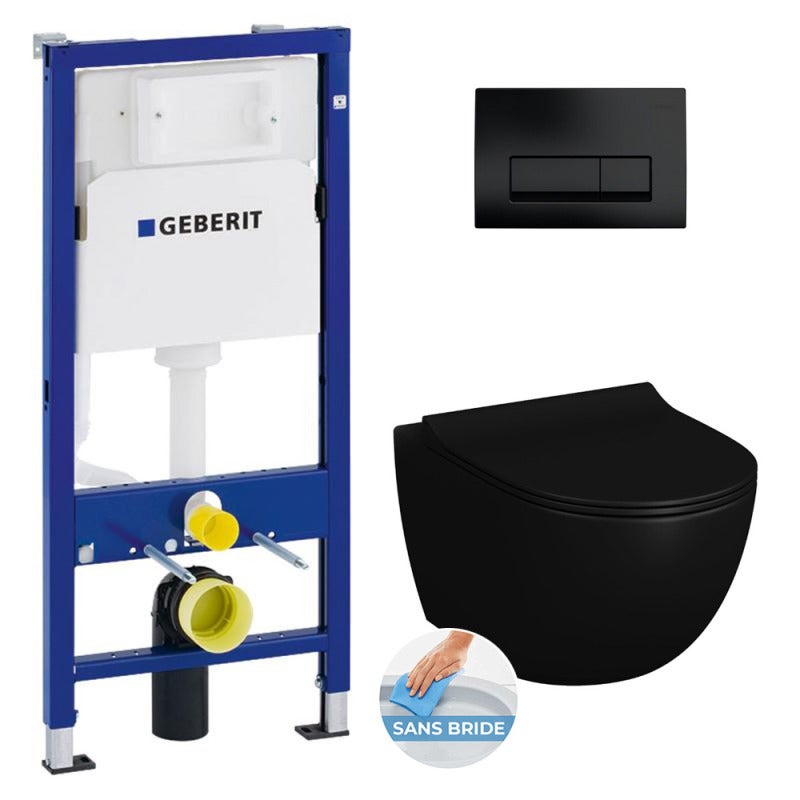 Pack WC Bati-support Geberit Duofix + WC sans bride Vitra SENTO noir mat + Abattant frein de ...