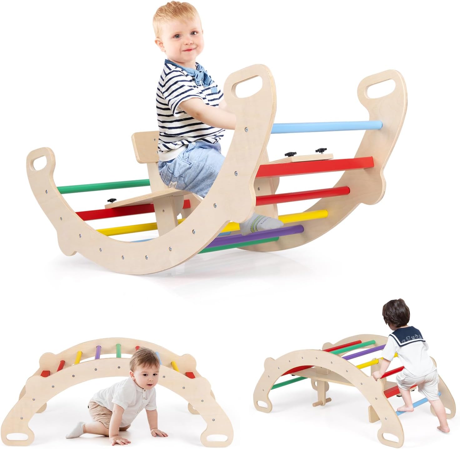 4 en 1 Chaise à Bascule en Bois Enfant avec Siège Amovible, Arche d ...