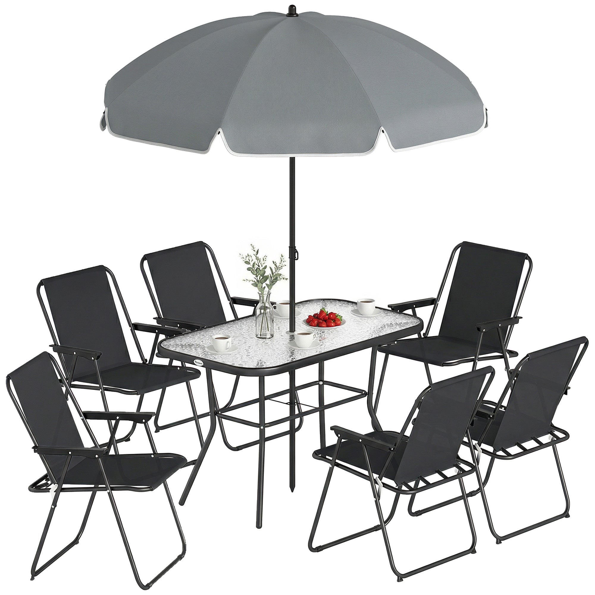 Salon de jardin 8 pièces avec parasol, 6 chaises pliantes et table ...