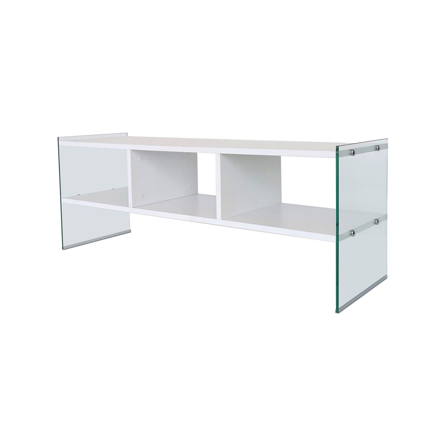 Meuble TV 3 étagères Doris L120xH35cm Bois Blanc et Verre trompé ...