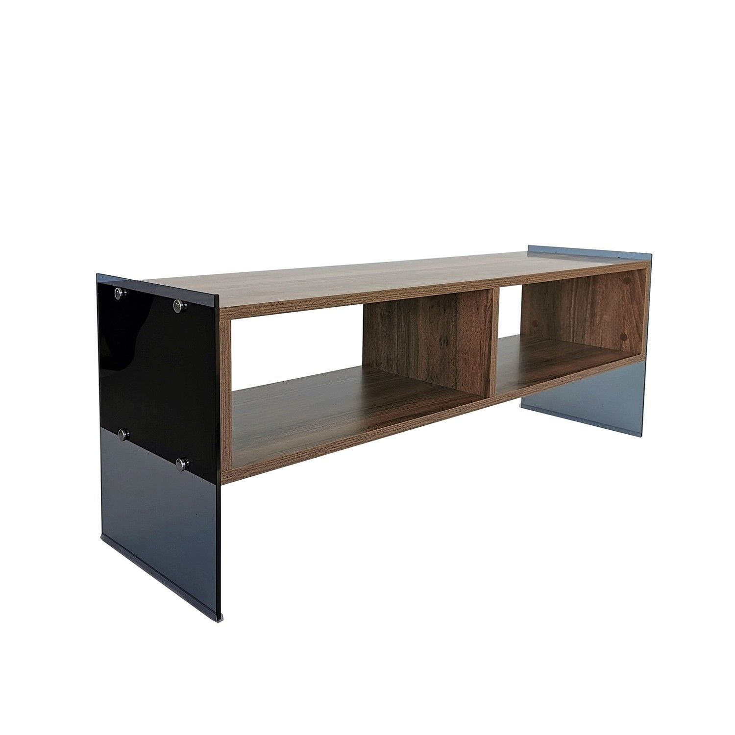 Meuble TV 2 étagères Doris L120xH35cm Bois foncé et Verre trempé Fumé ...