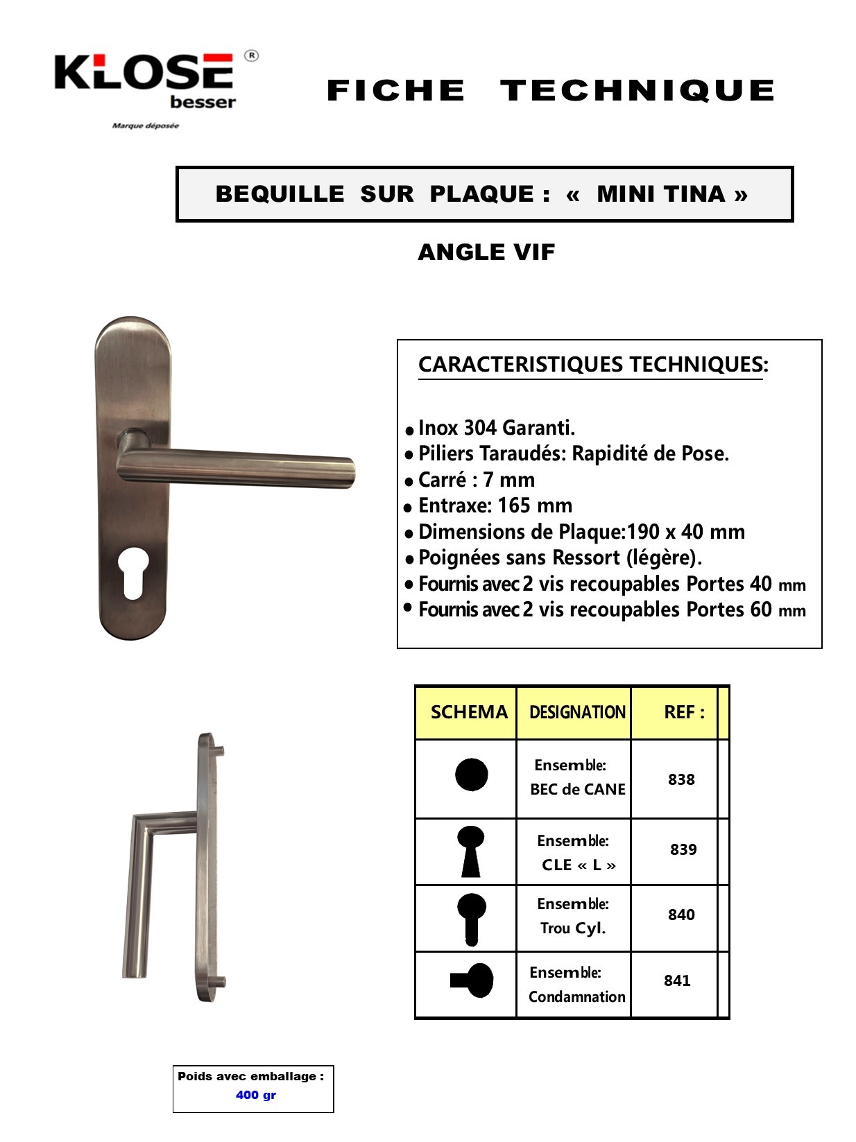 Paire de Poignée de porte sur plaque "Entraxe 165 mm" Inox 304 Mini "TINA" | Bricoman