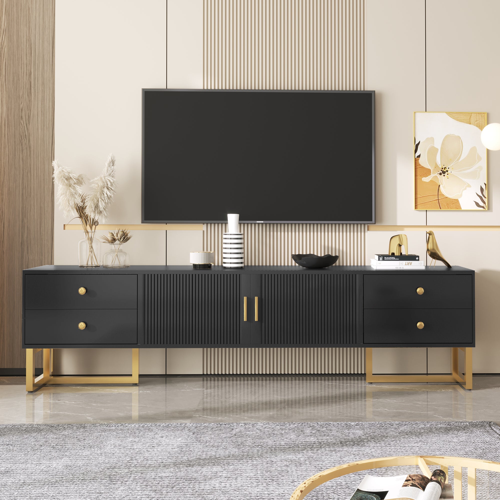 Commode TV moderne - 175x30x46cm - MDF noir - 4 tiroirs - Pieds et ...