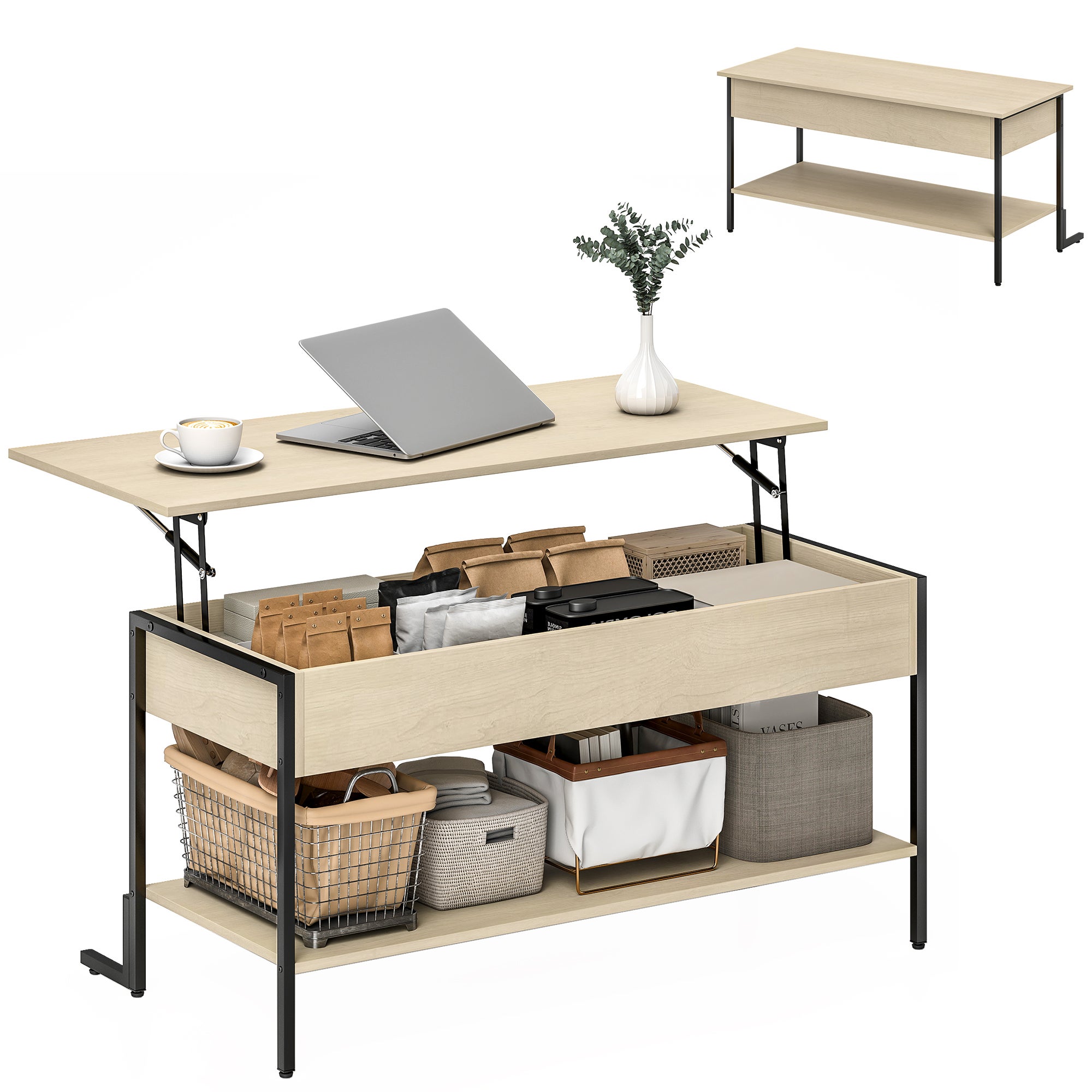 Table basse avec plateau relevable, table de salon avec compartiment ...