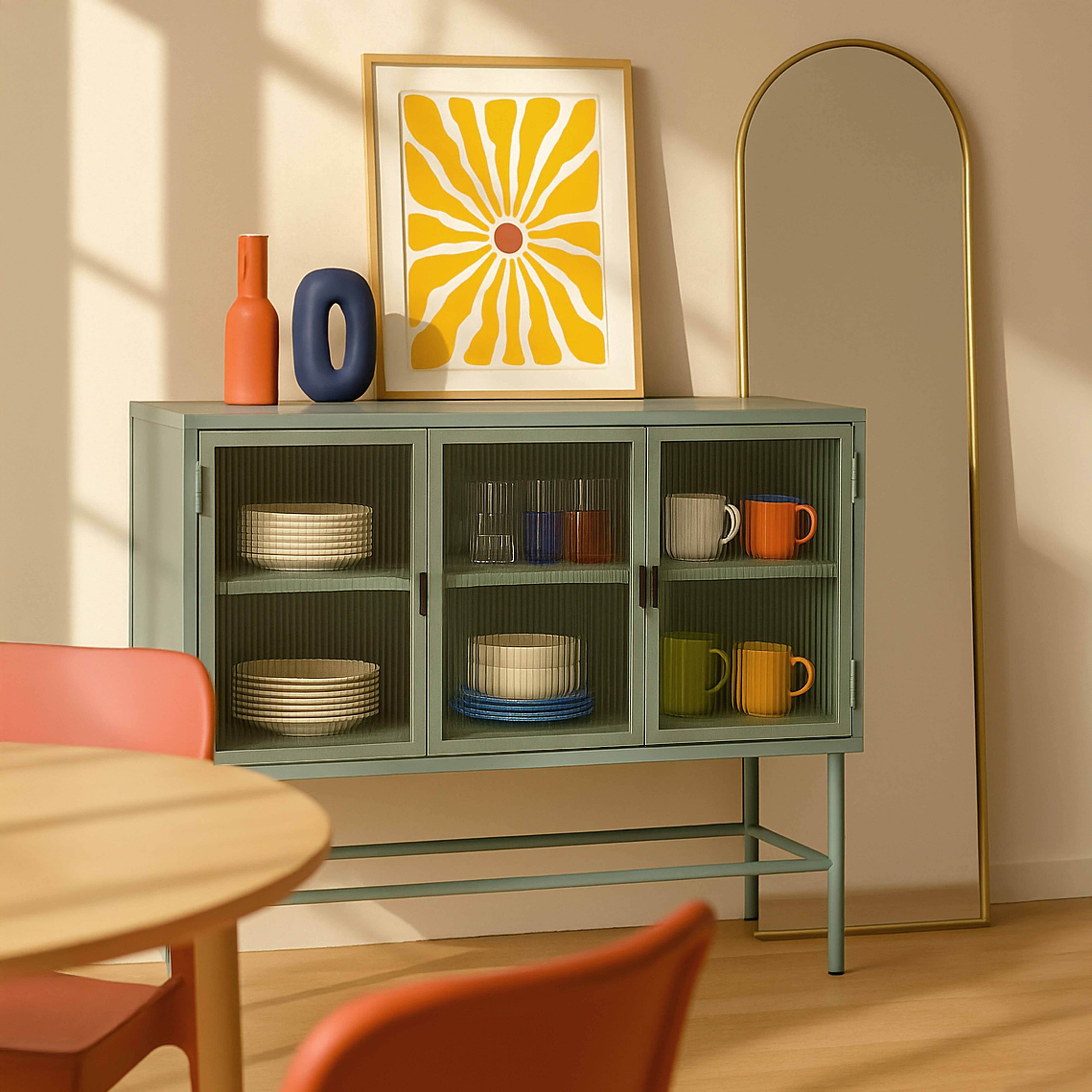 Buffet moderne 3 portes 120 cm en métal et verre vert sauge | Leroy Merlin