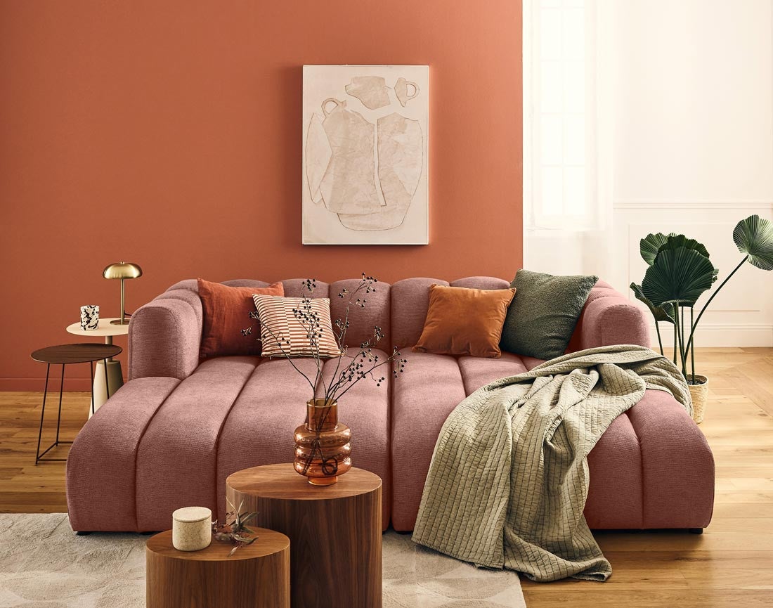 Canapé modulable 2 places angle droit en tissu texturé rose - DEBBIE ...