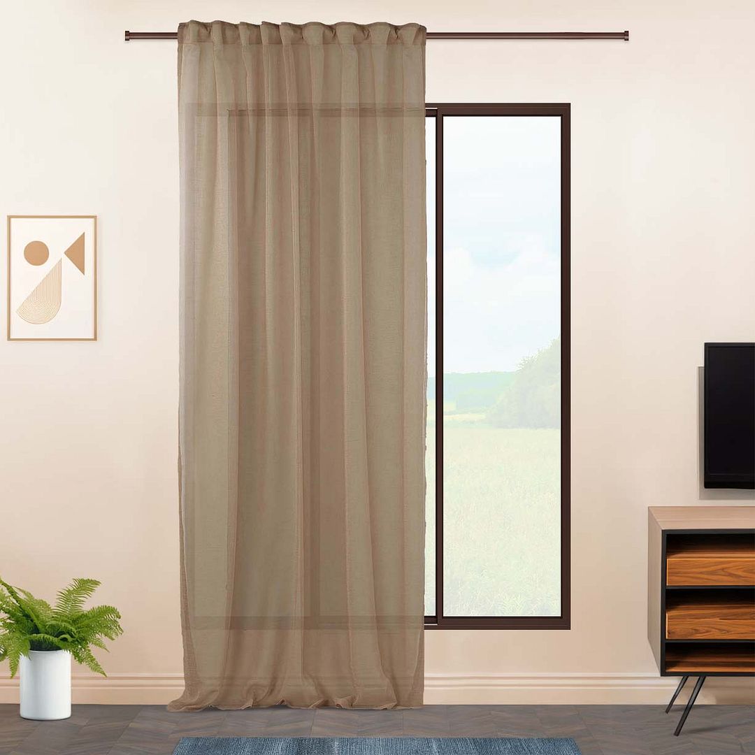 Cortina de tul extra larga y ancha con aspecto lino marrón 140X400 ...