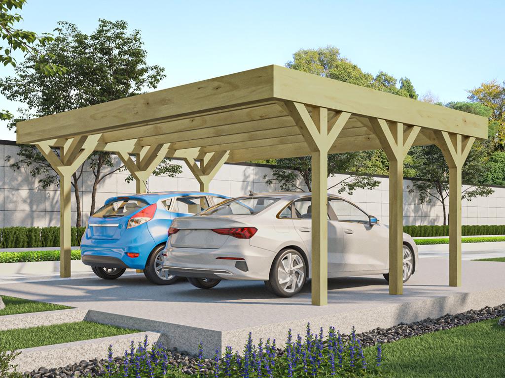 Carport pergola double autoporté en bois traité - 2 voitures - 30 m² ...