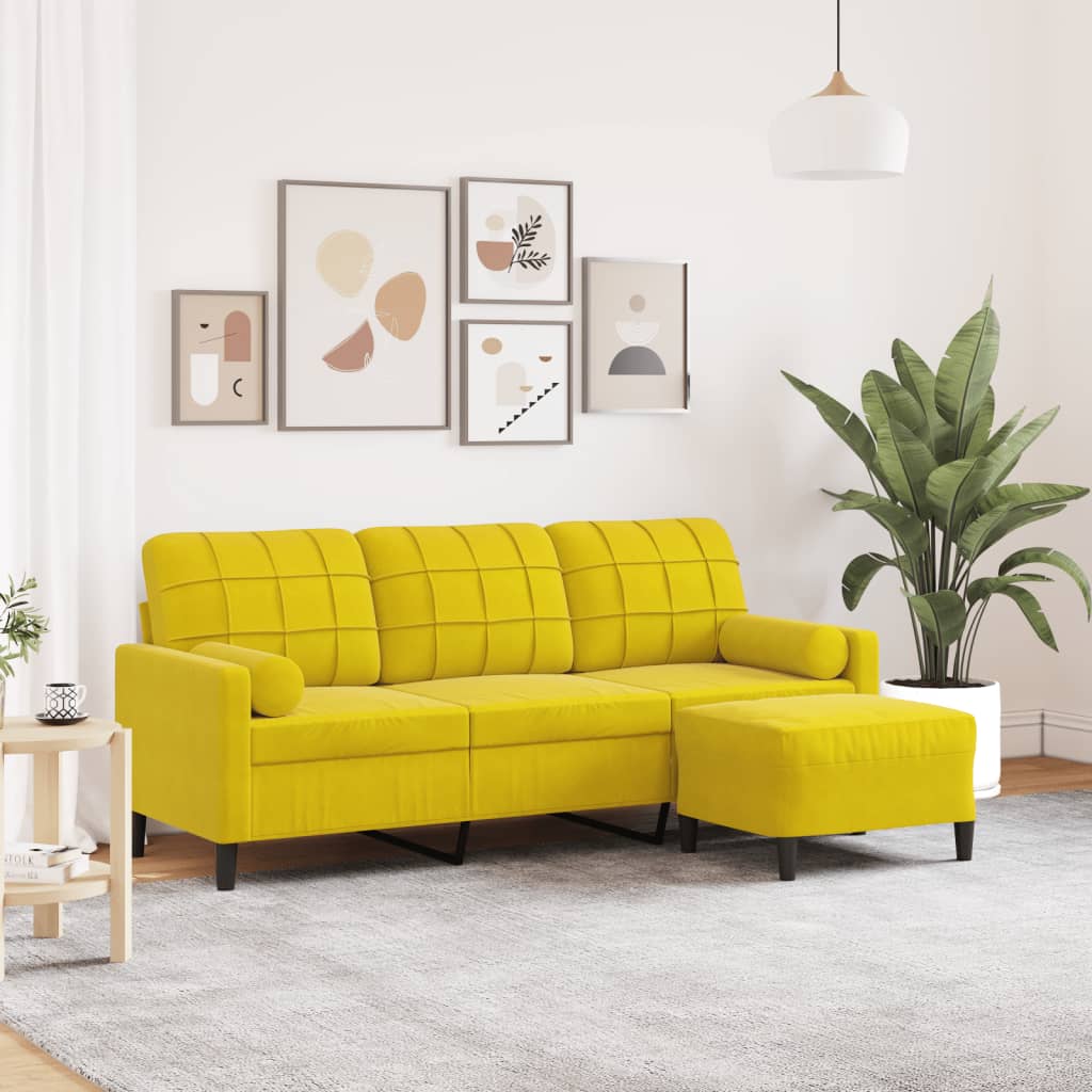 Sofá de 3 plazas con taburete terciopelo amarillo 180 cm | Leroy Merlin