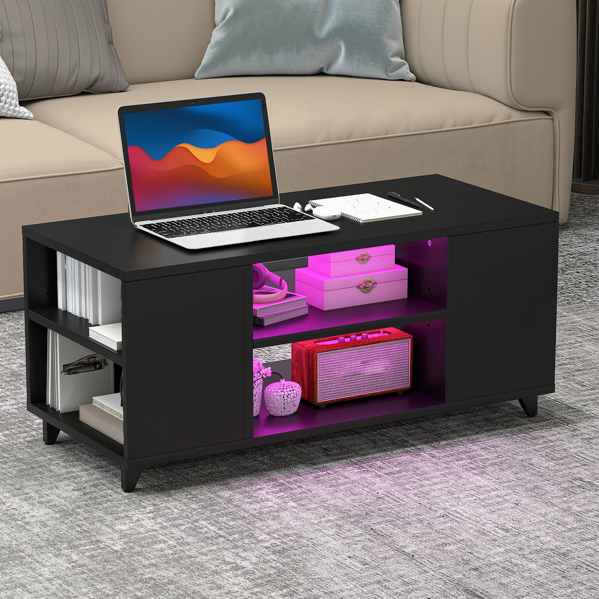 Mesa de centro Balconera con tablero elevable - Iluminación LED - 97,5 ...