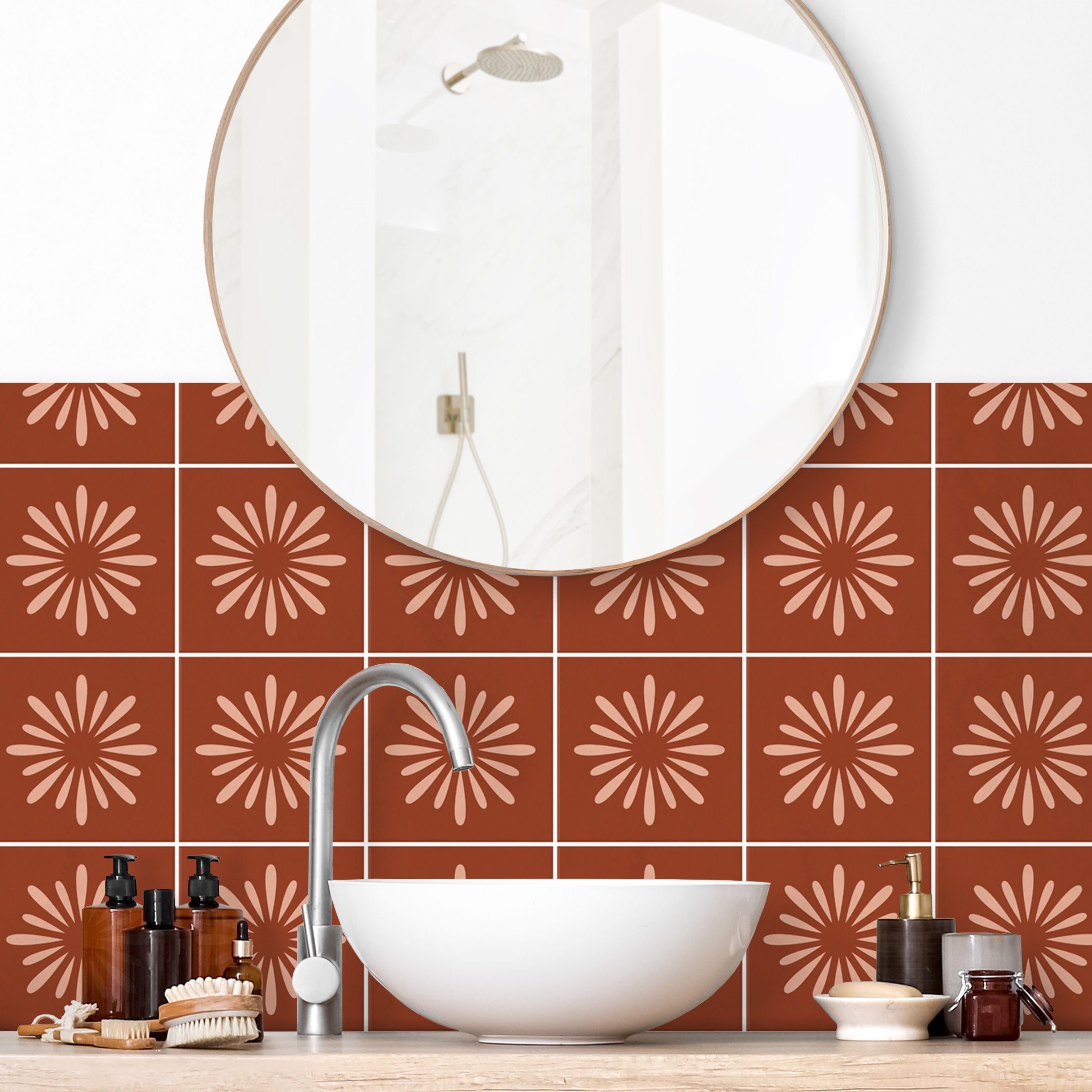 Revestimiento de pared para baño - Tiles with Flowers Terracotta 300 x ...