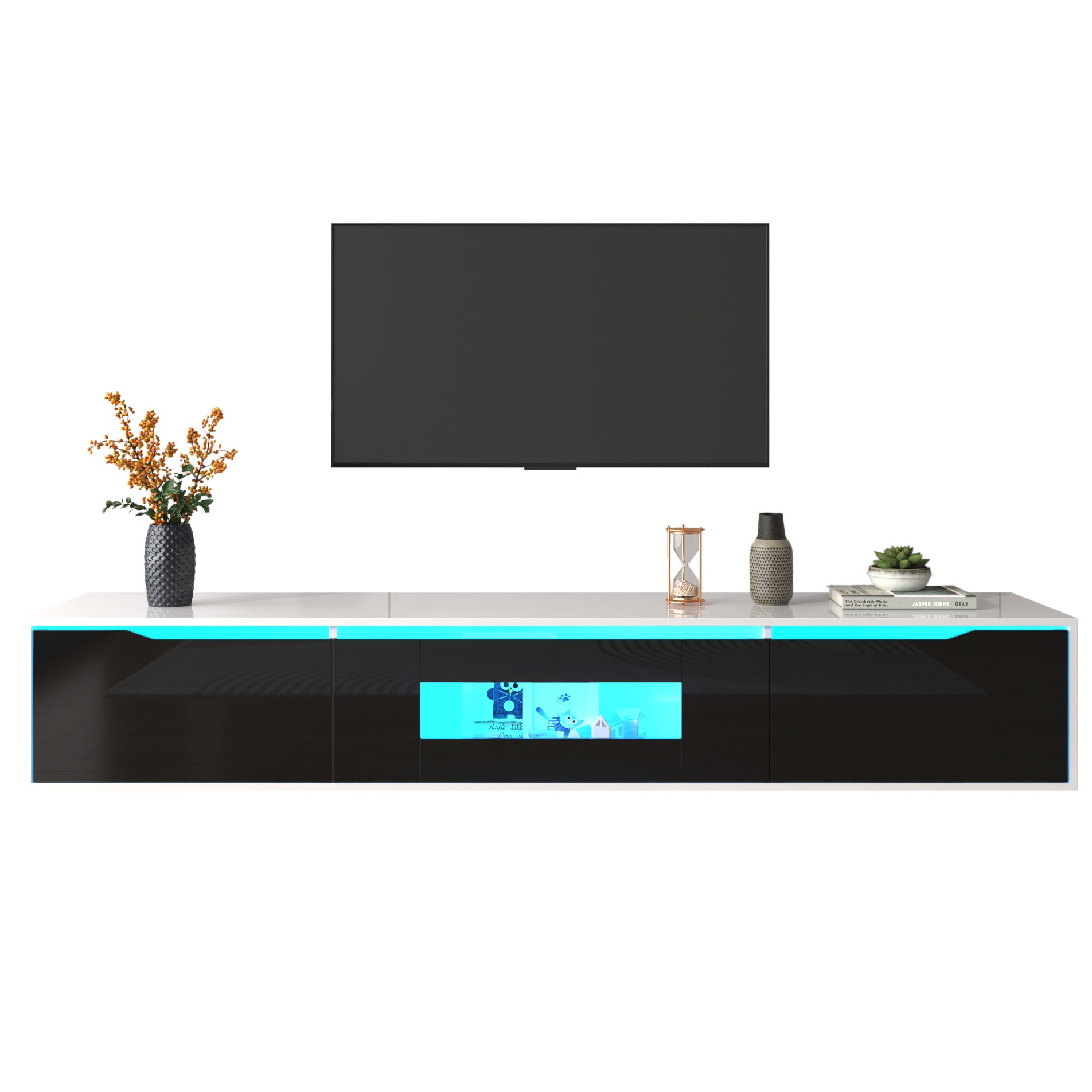 Mueble para TV moderno con 3 puertas de alto brillo, iluminación LED ...