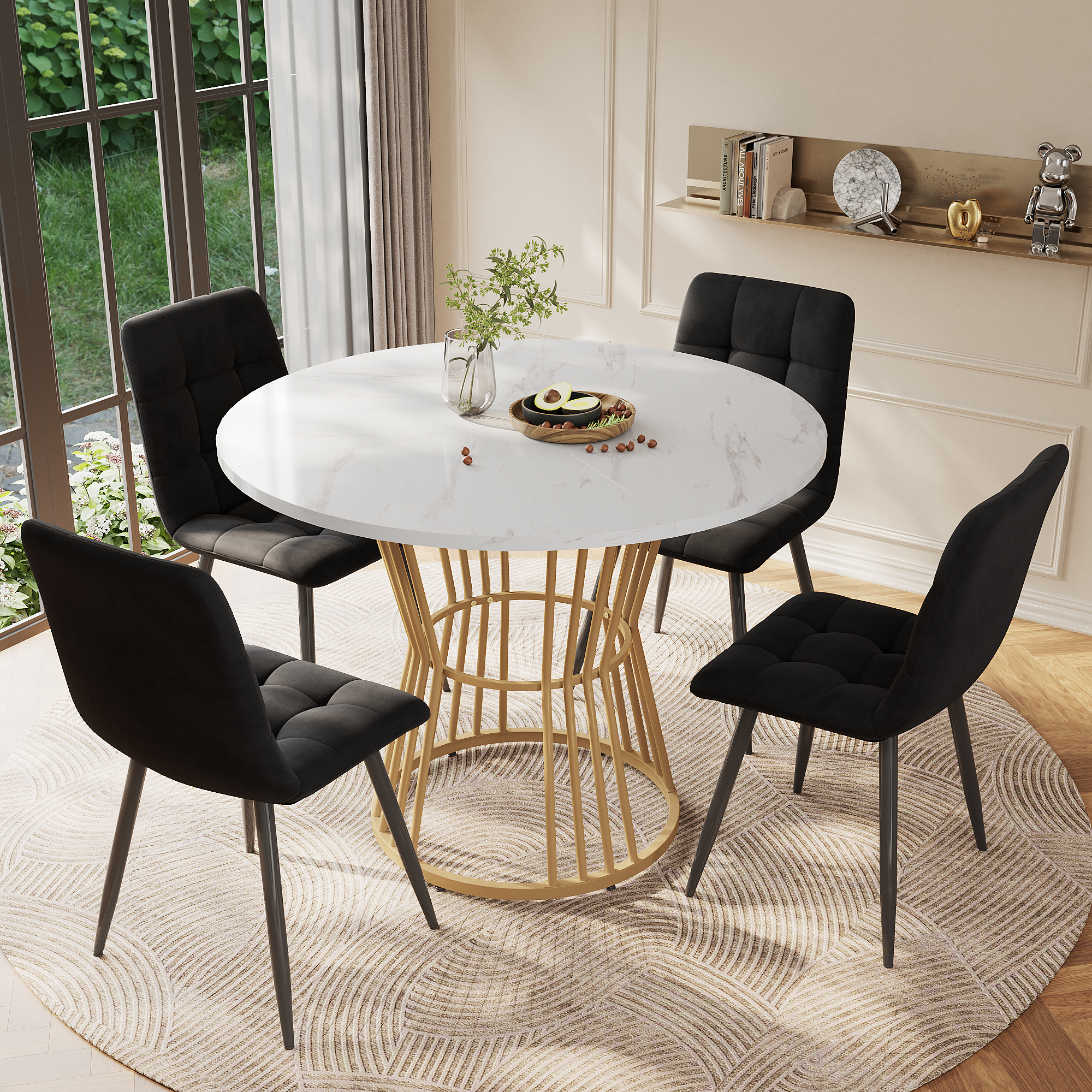Table ronde (100×100×75 cm), table a manger ronde pour 4 personnes, plateau en MDF marbré, pieds ...