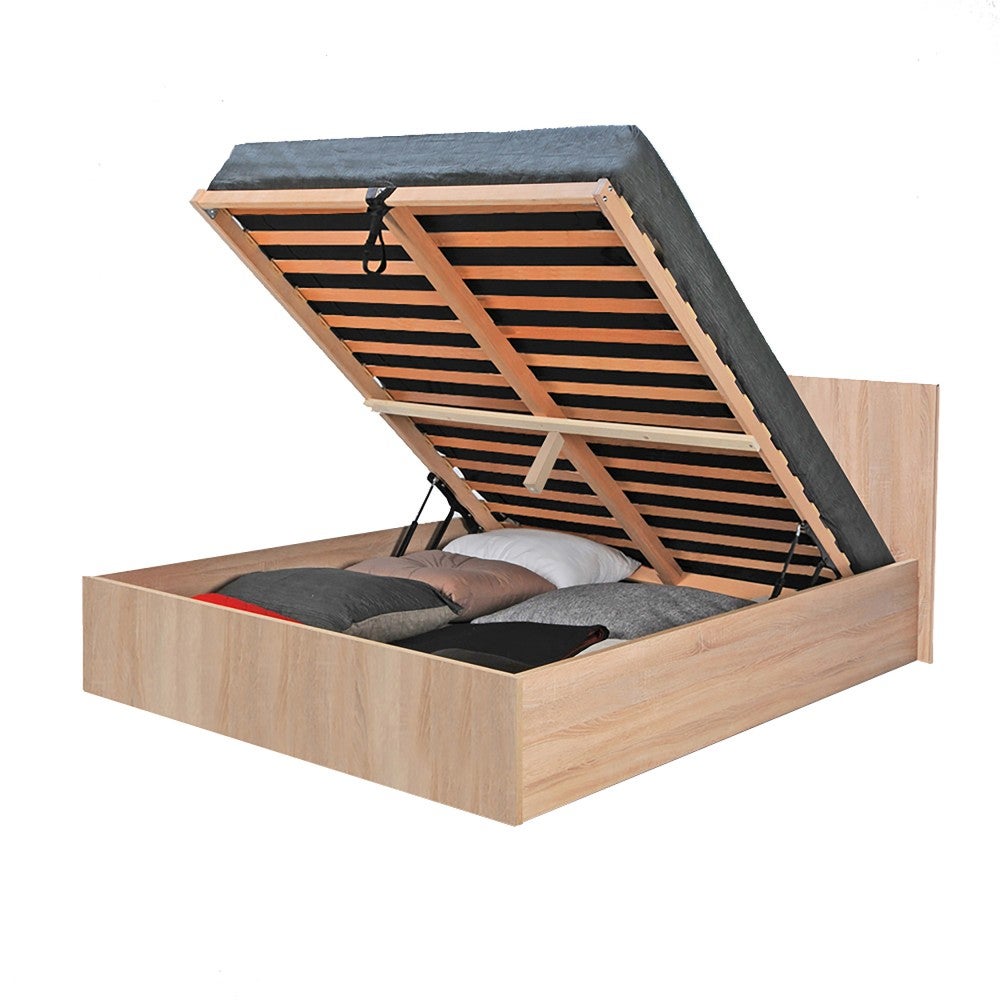 Lit coffre 2 places 140x200cm couleur chêne avec sommier MARO | Leroy ...