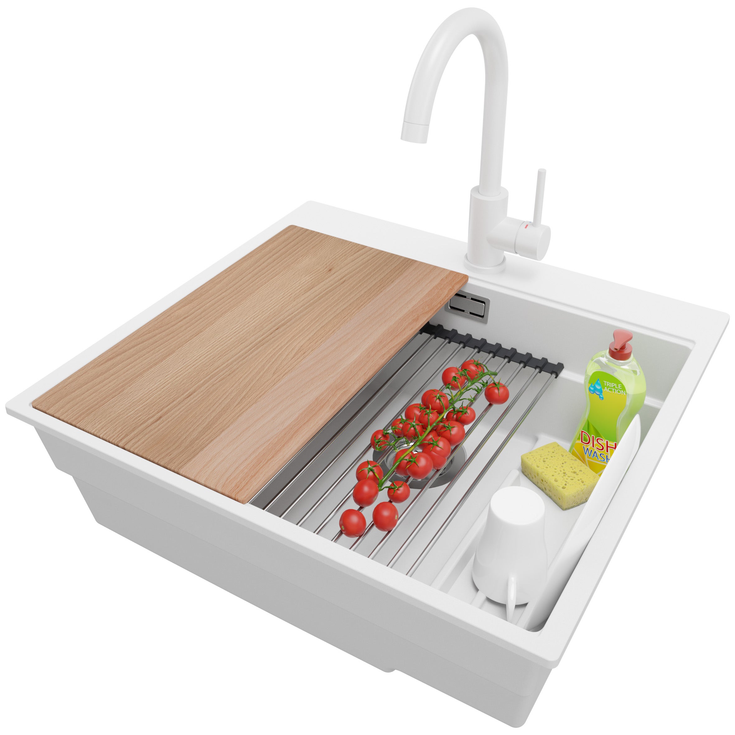 Evier Cuisine en Granit Blanc 58x53cm, Lavabo 1 bac + Kit de Vidage ...