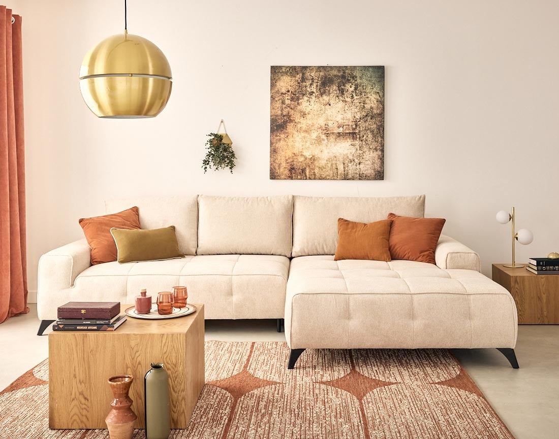 Canapé d'angle droit convertible 4 places en tissu beige | Leroy Merlin