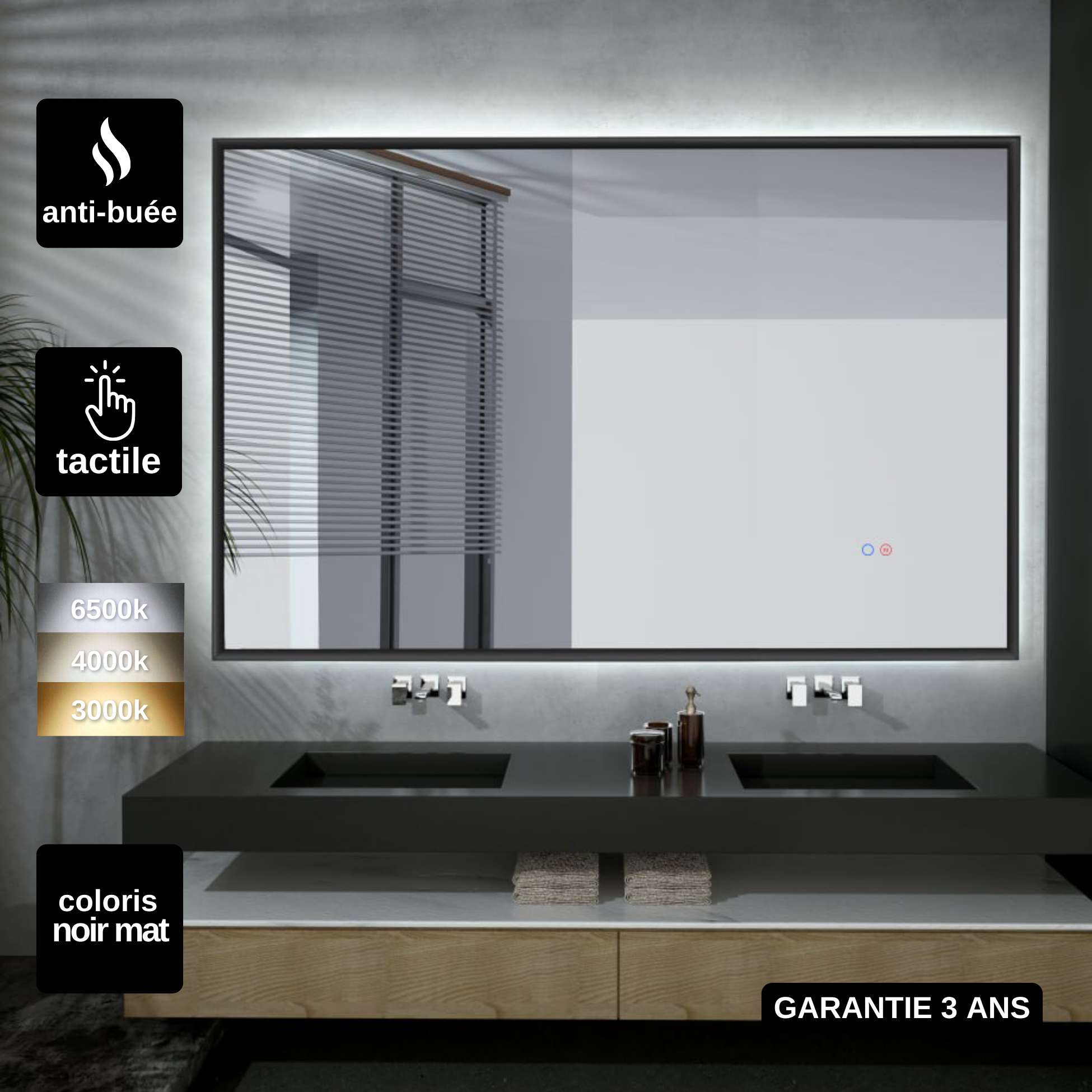 Miroir LED Salle de Bain CALIFORNIA - 100x80cm - Noir Mat - T° Led ...