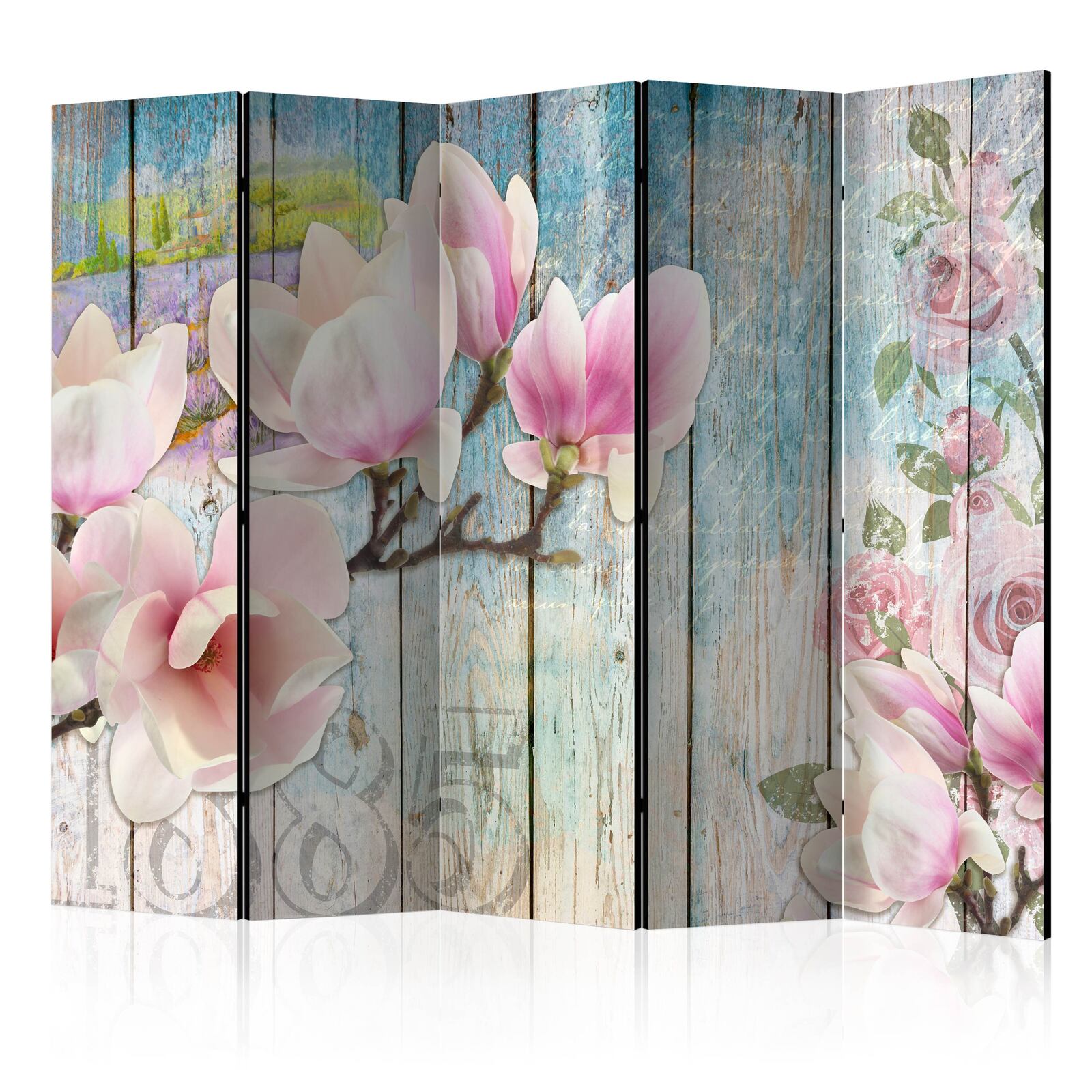 Paravent 5 Volets - Fleurs Roses & Bois Vieilli Design 225 x 172 cm ...