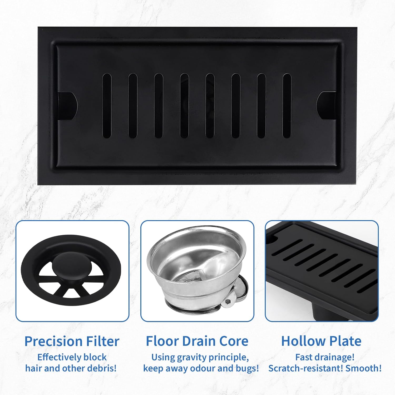Siphon de sol rectangulaire, grille de douche 30x10cm, anti-cheveux ...