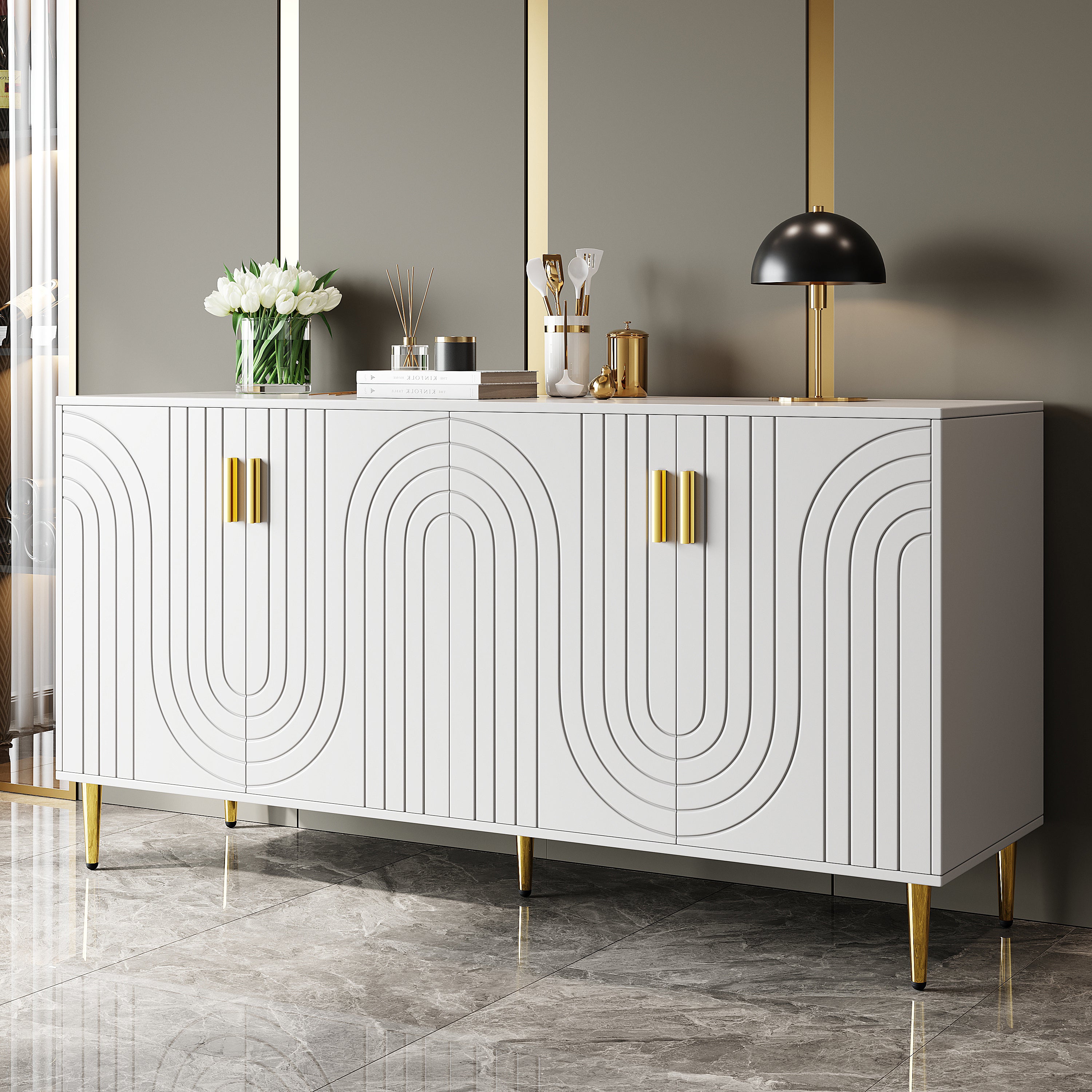 Buffet Moderne 152x40x75 cm - Avec 4 Portes, Poignées et Pieds Dorés ...