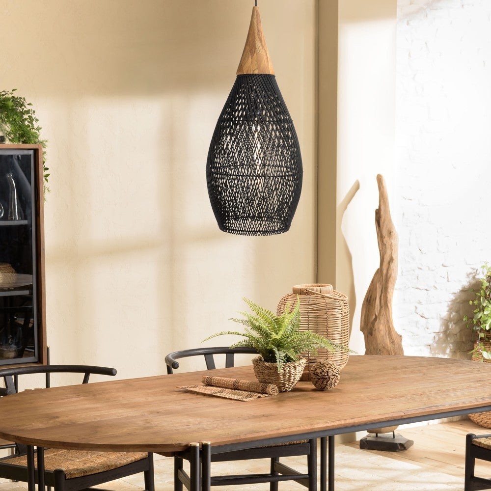 SIXTINE - Suspension 'goutte' 35x35cm bois de teck et rotin noire ...