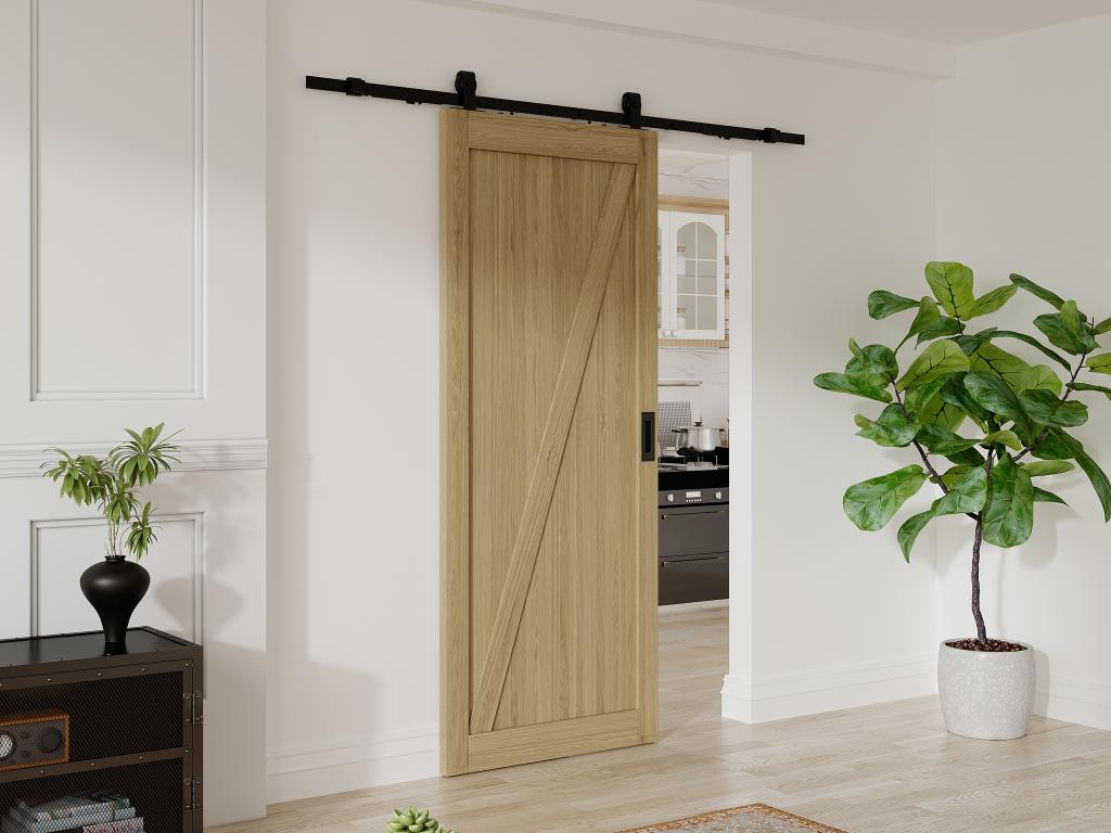 Porte coulissante avec système en applique en bois et MDF - Naturel ...