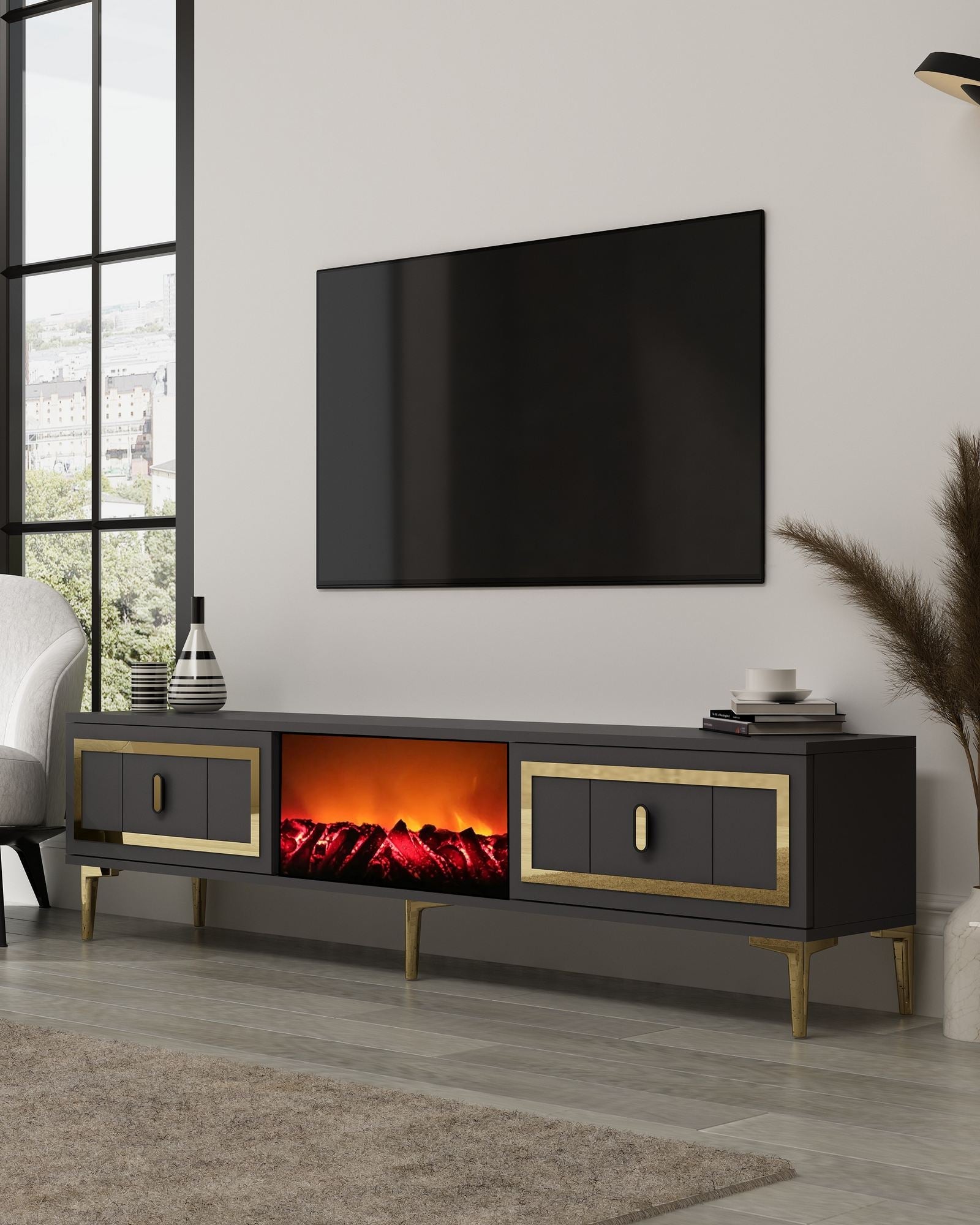 Meuble TV avec cheminée électrique - Cheminée Orion - Anthracite Ouro ...