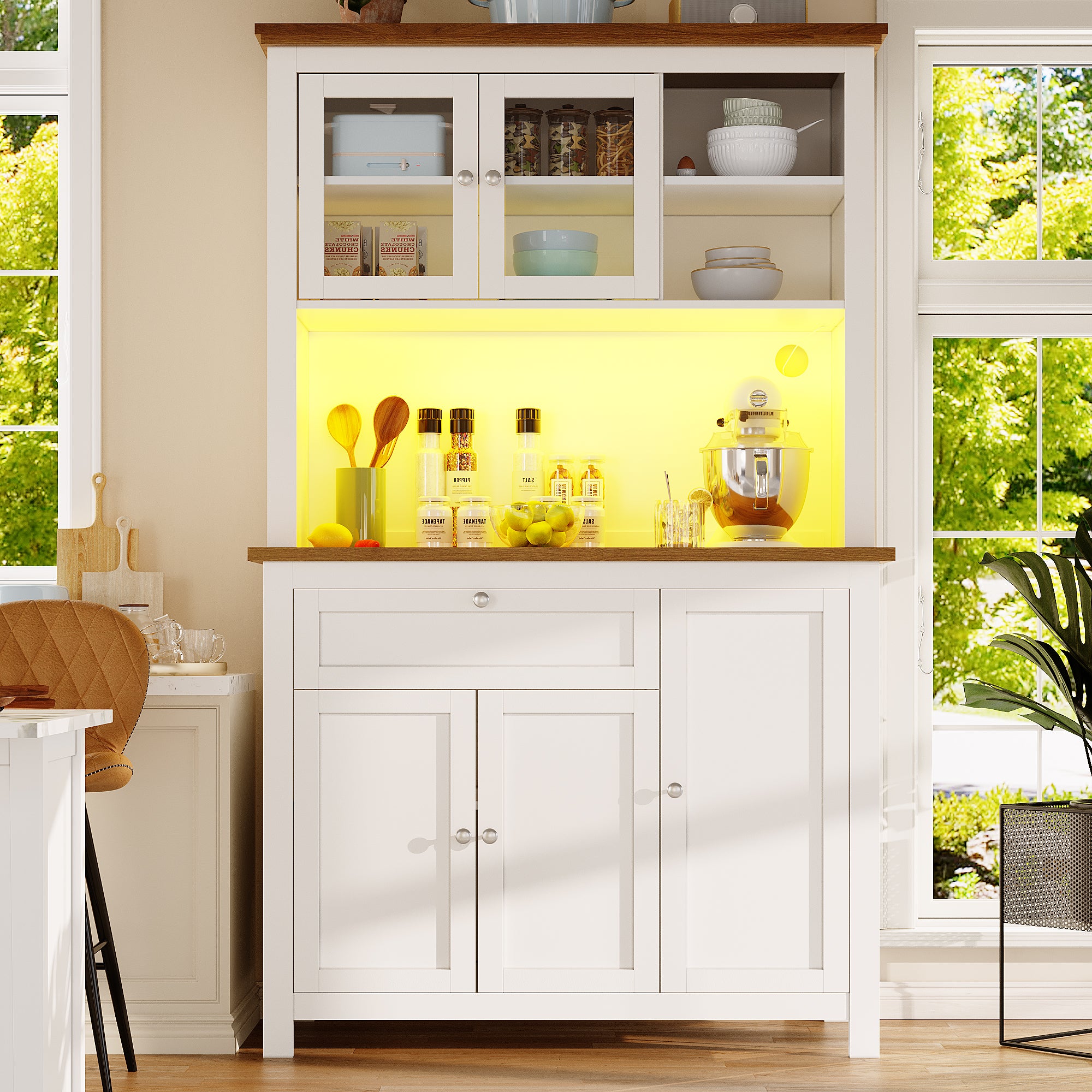 Buffet Haut - Meuble de Cuisine avec Vitrine, Étagères Modulables et ...
