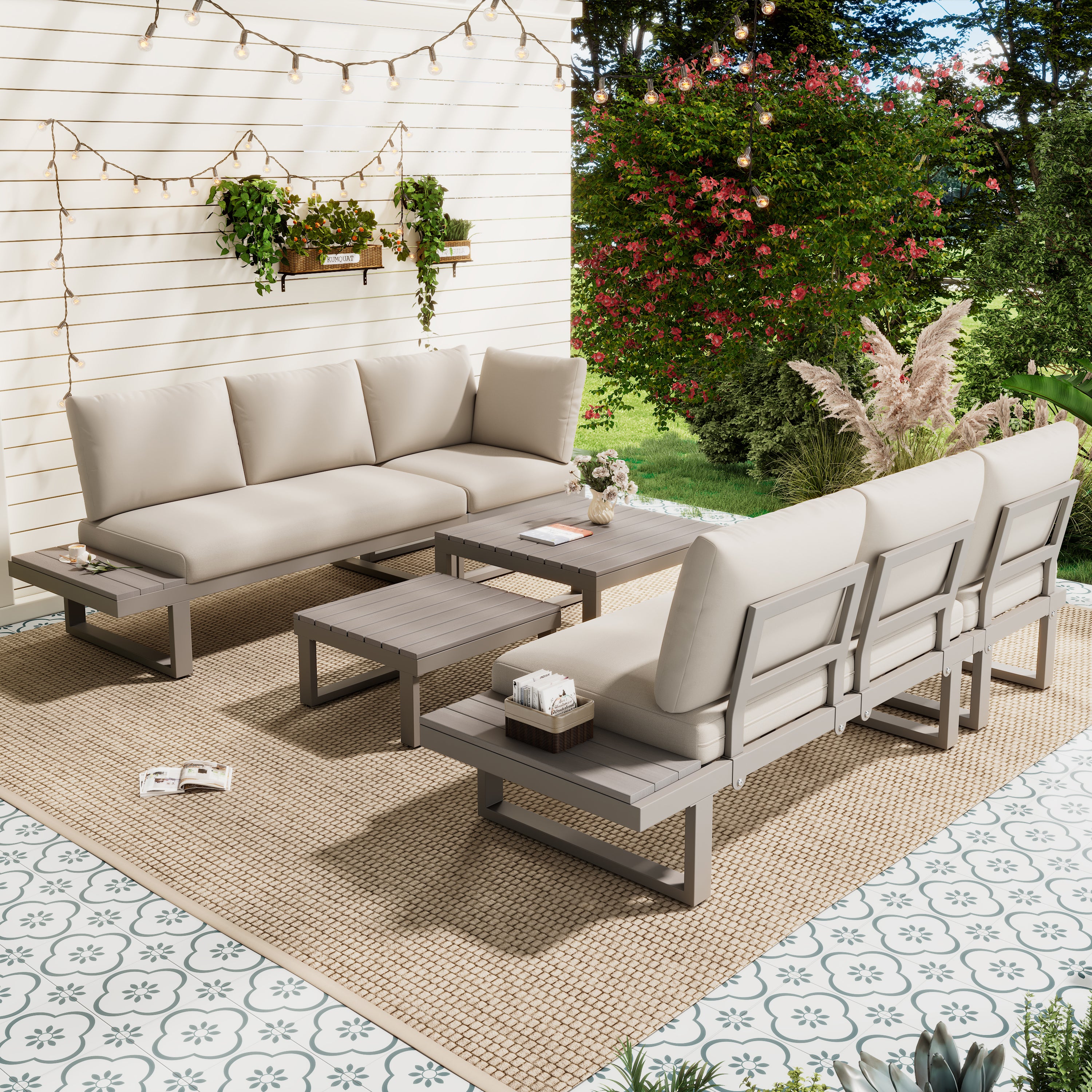 Salon de jardin inclinable en acier galvanisé 6 places : 2 canapés 3 ...