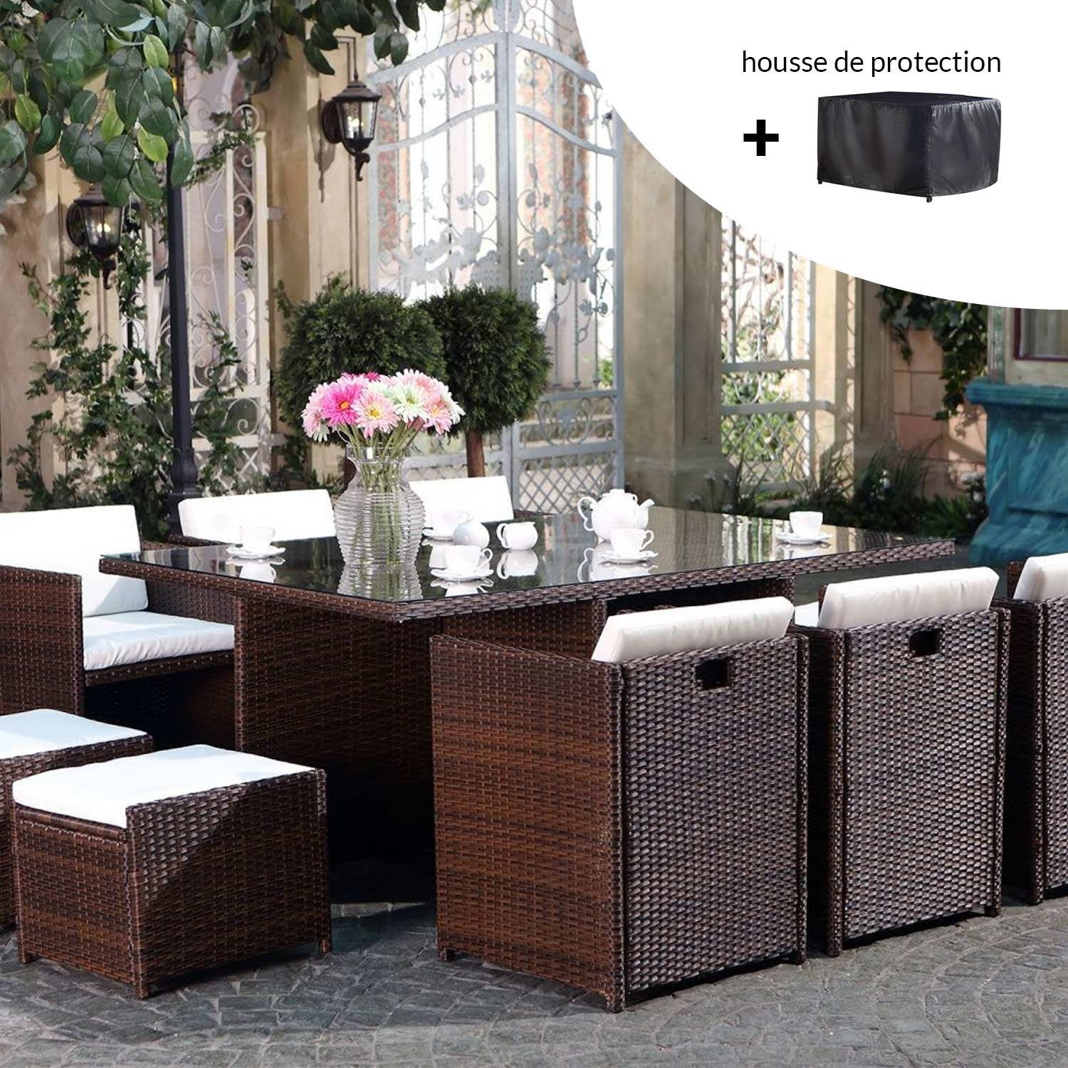 Salon de jardin 10 places marron-blanc + housse de protection MIAMI ...