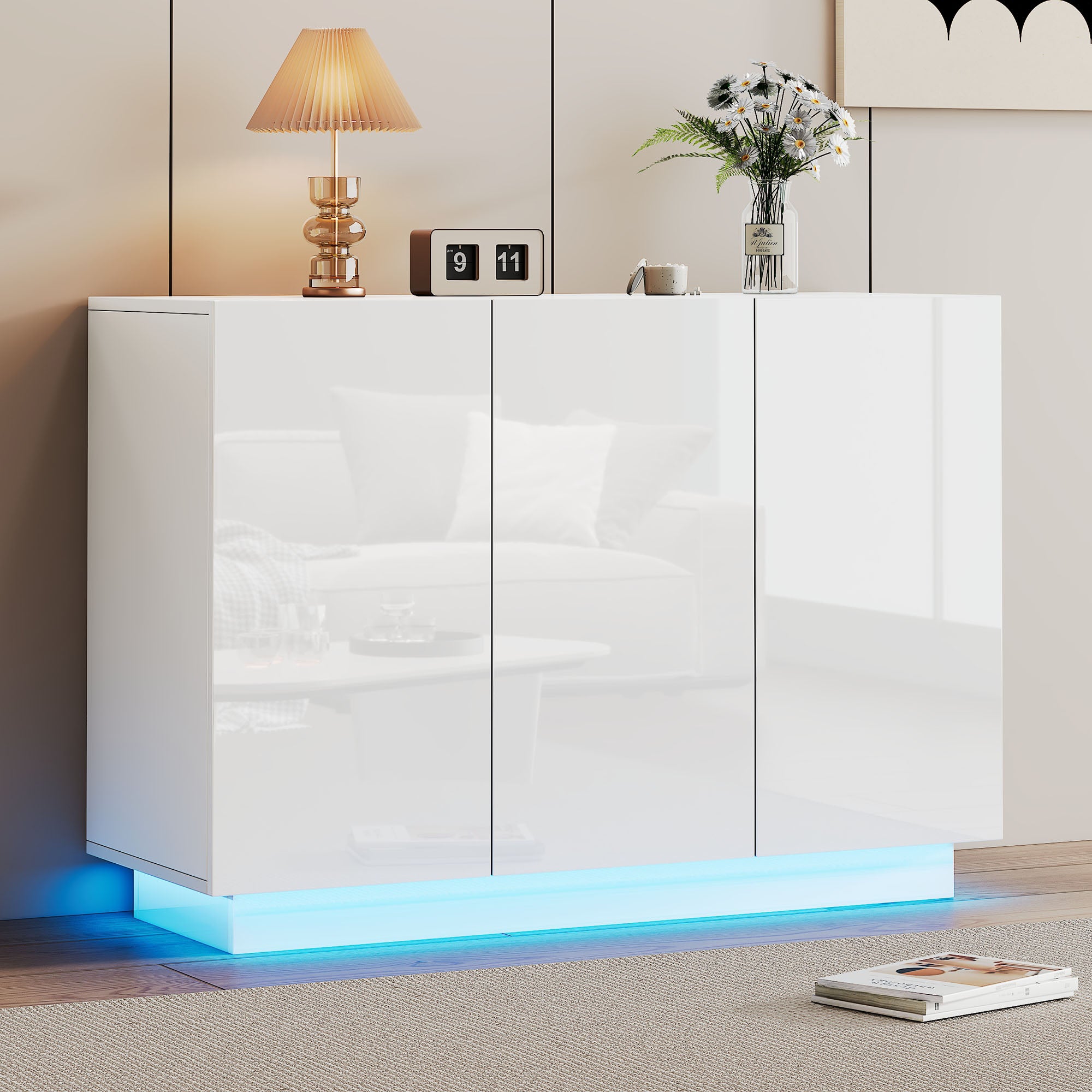 Buffet blanc brillant avec éclairage LED, 3 portes, 120x40x75 cm ...