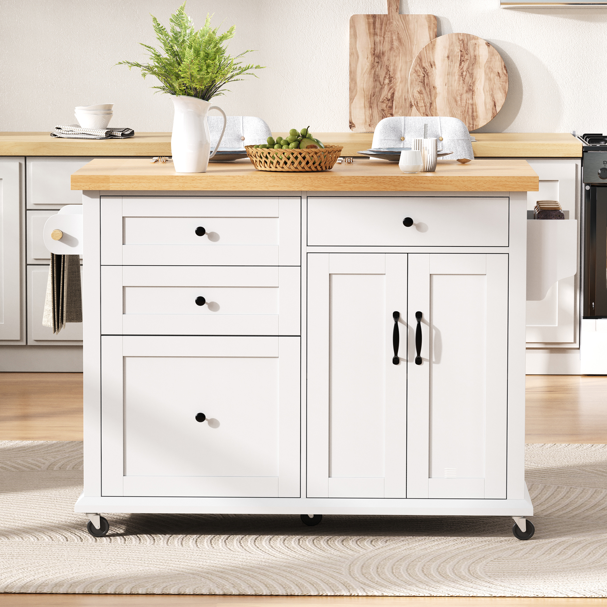 Îlot central de cuisine mobile avec 3 tiroirs et 3 portes - 107 x 45/70 ...