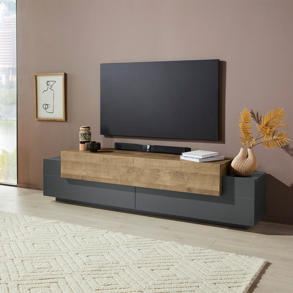 Mueble TV moderno negro y madera 4 compartimentos 3 puertas 200cm ...