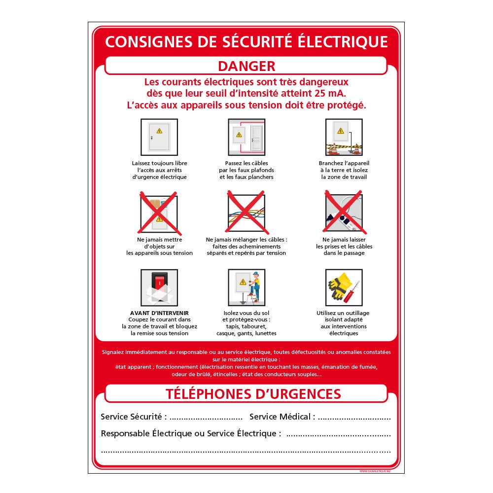 Panneau CONSIGNES DE SÉCURITÉ ÉLECTRIQUE (A0678) 450 x 630 mm Matière ...