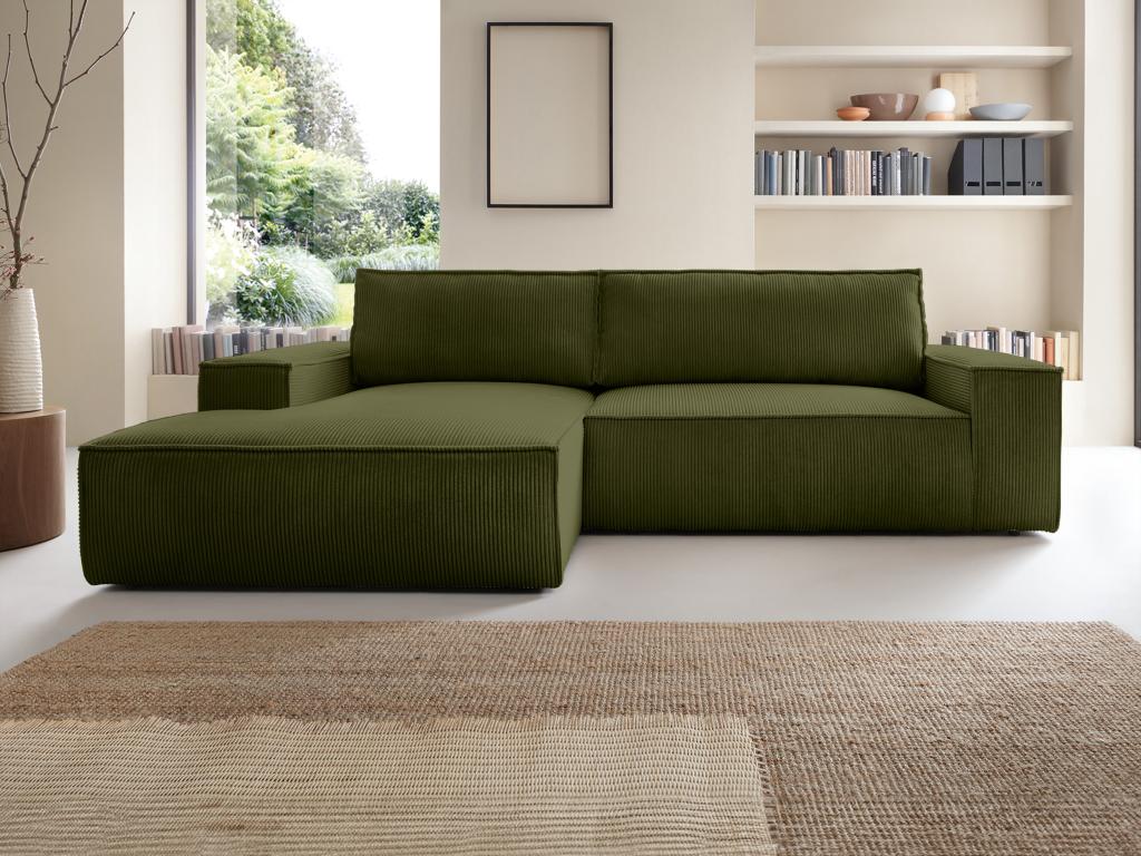 Canapé d'angle gauche convertible en velours côtelé vert olive AMELIA ...