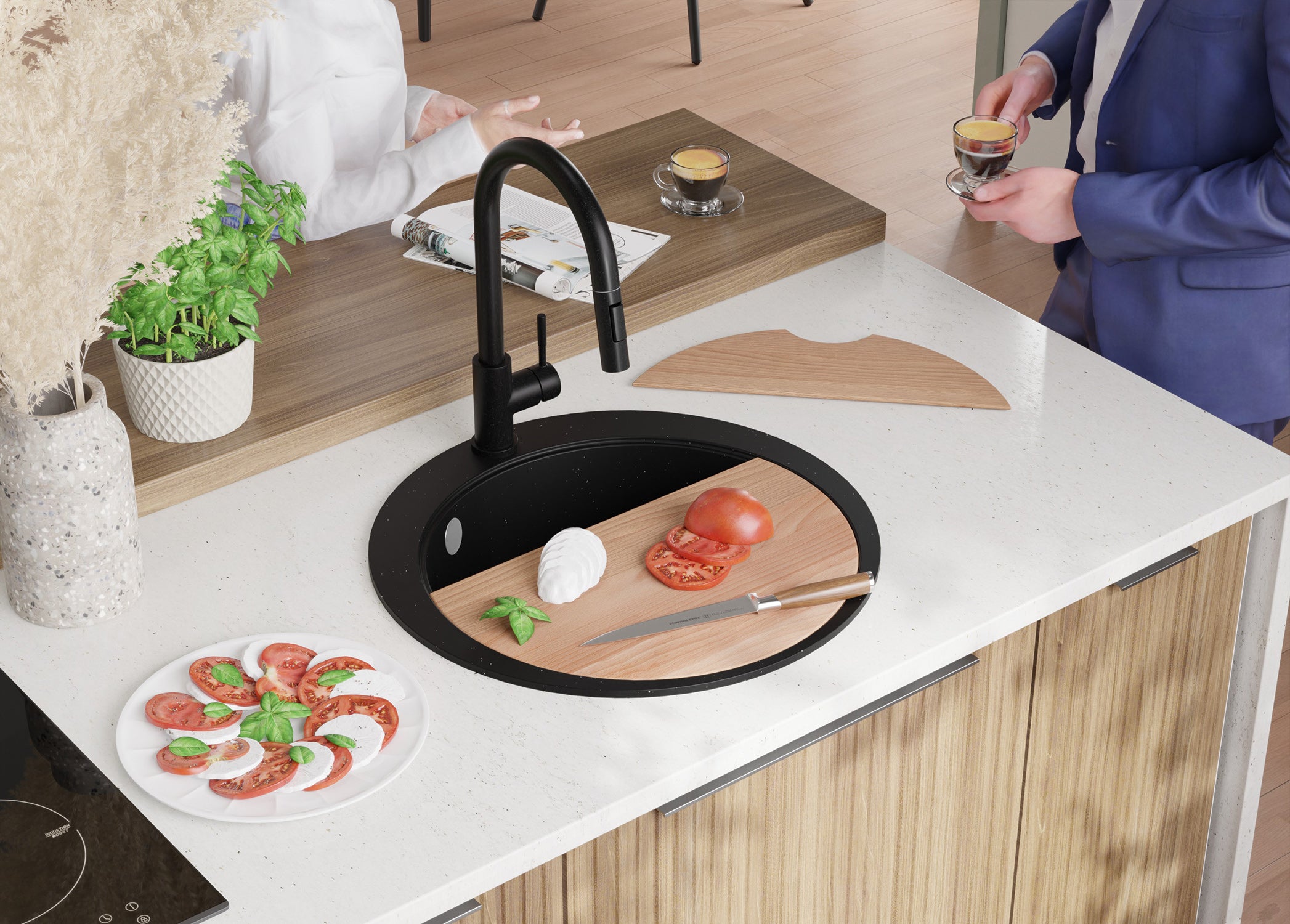 PRIMAGRAN Fregadero Cocina Circular Negro Metallic 53x53cm, Fregadero ...