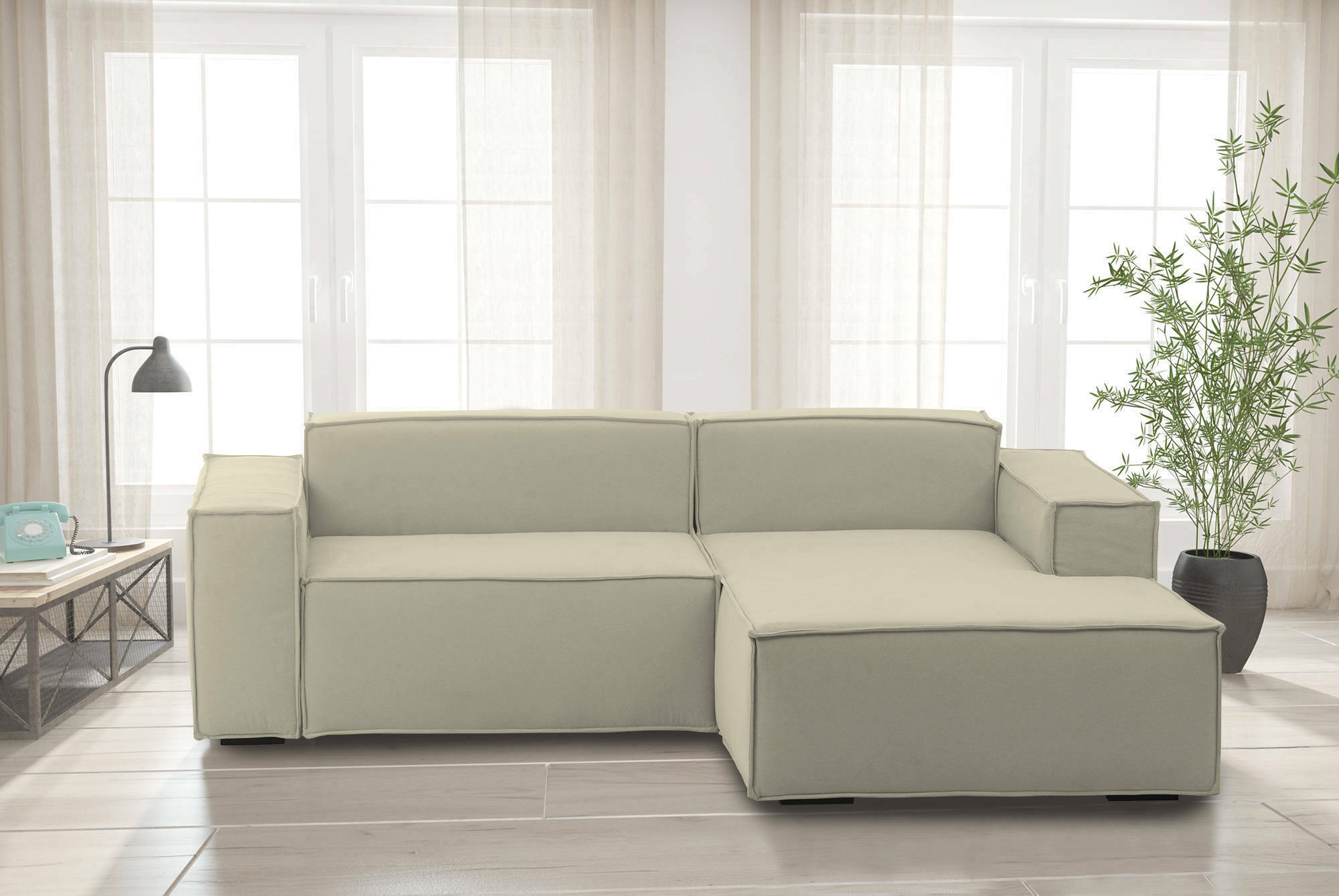 Sofá fijo con península Lidia, Sofá modular con chaise longue derecha, Sofá moderno de tela, 100 ...